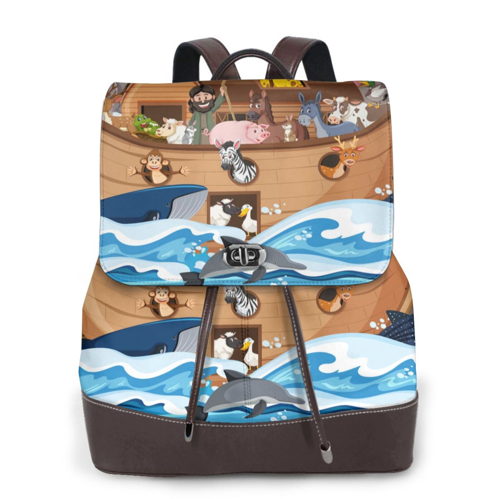 Honeii Animals on Noah's Ark Floating rint Leather Backpack,Trendy ...