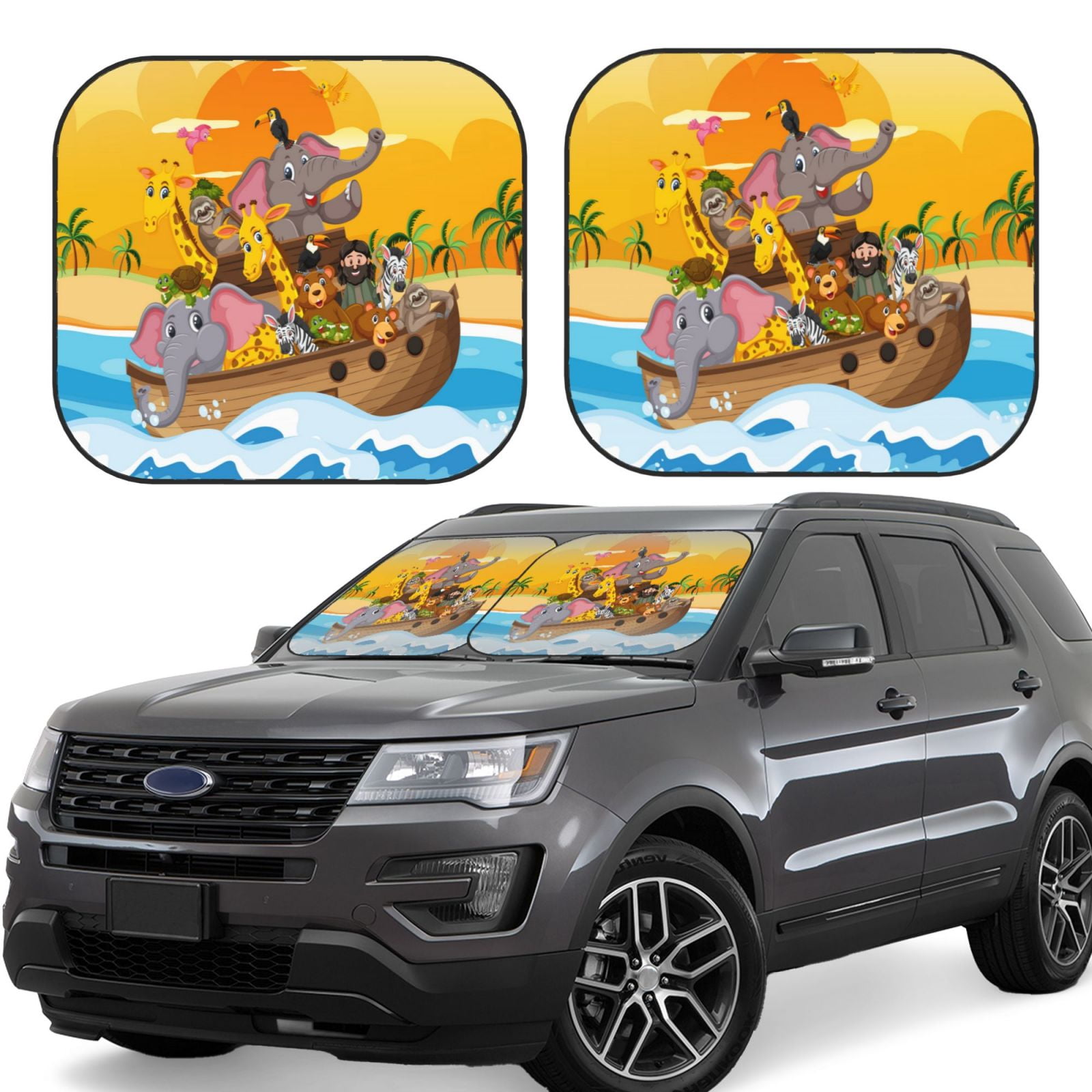 Honeii Animals on Noah's Ark1 Print Foldable Car Sun Shade for Windshield, 2-Piece UV Protection ...