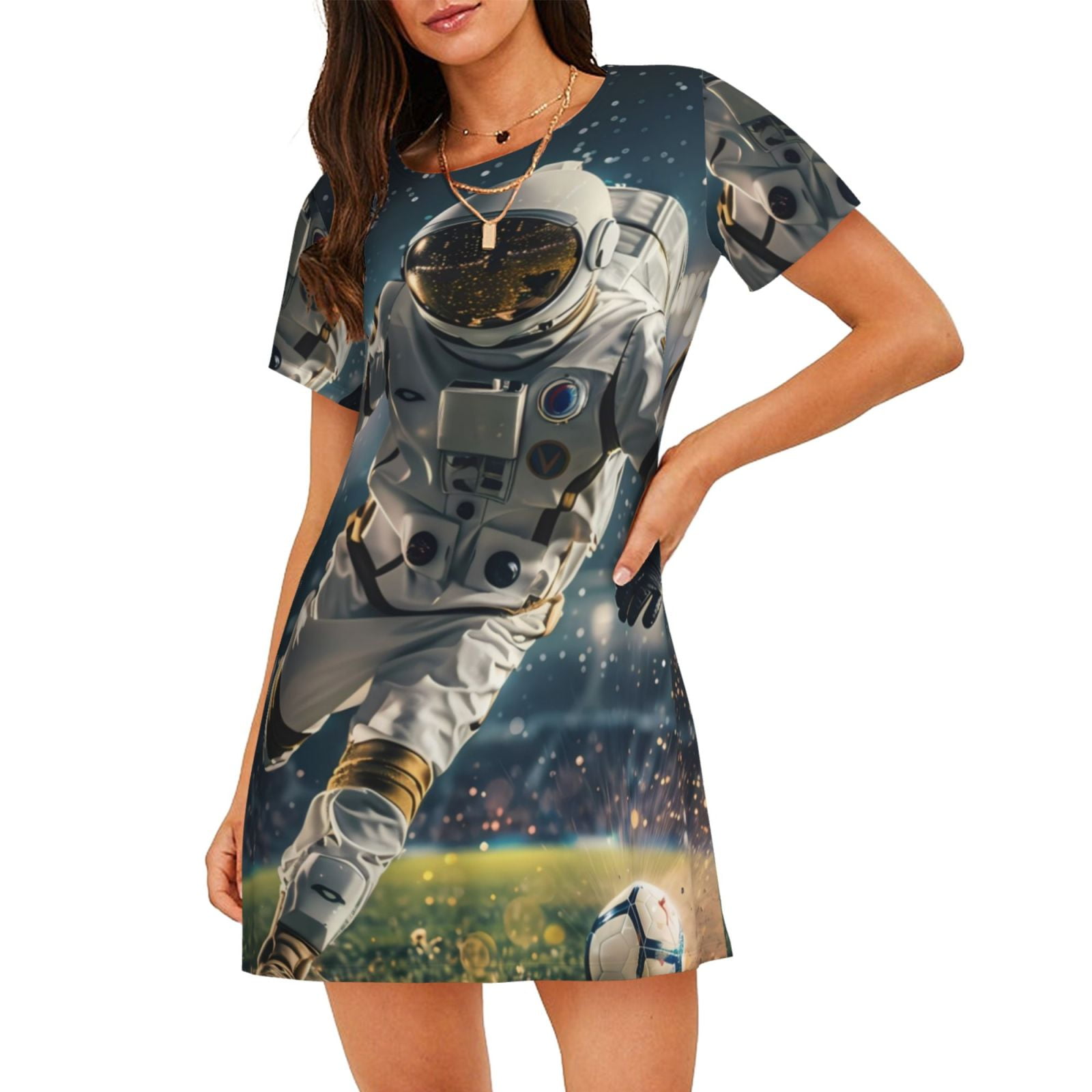 Honeii Astronaut Soccer Field Print Women's Loose Short Sleeve ...