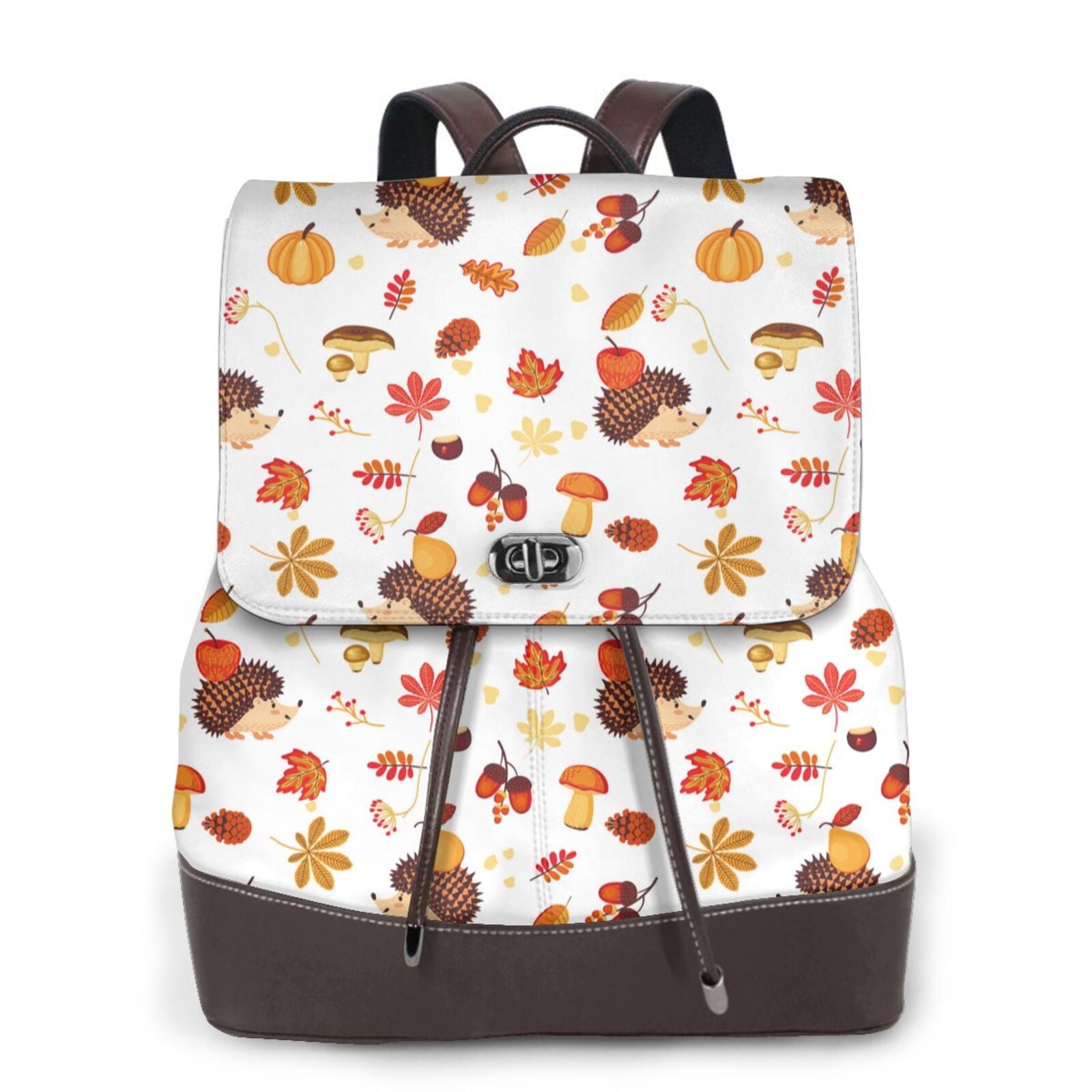 Honeii Autumn Maple Leaf with Hedgehog rint Leather Backpack,Trendy ...