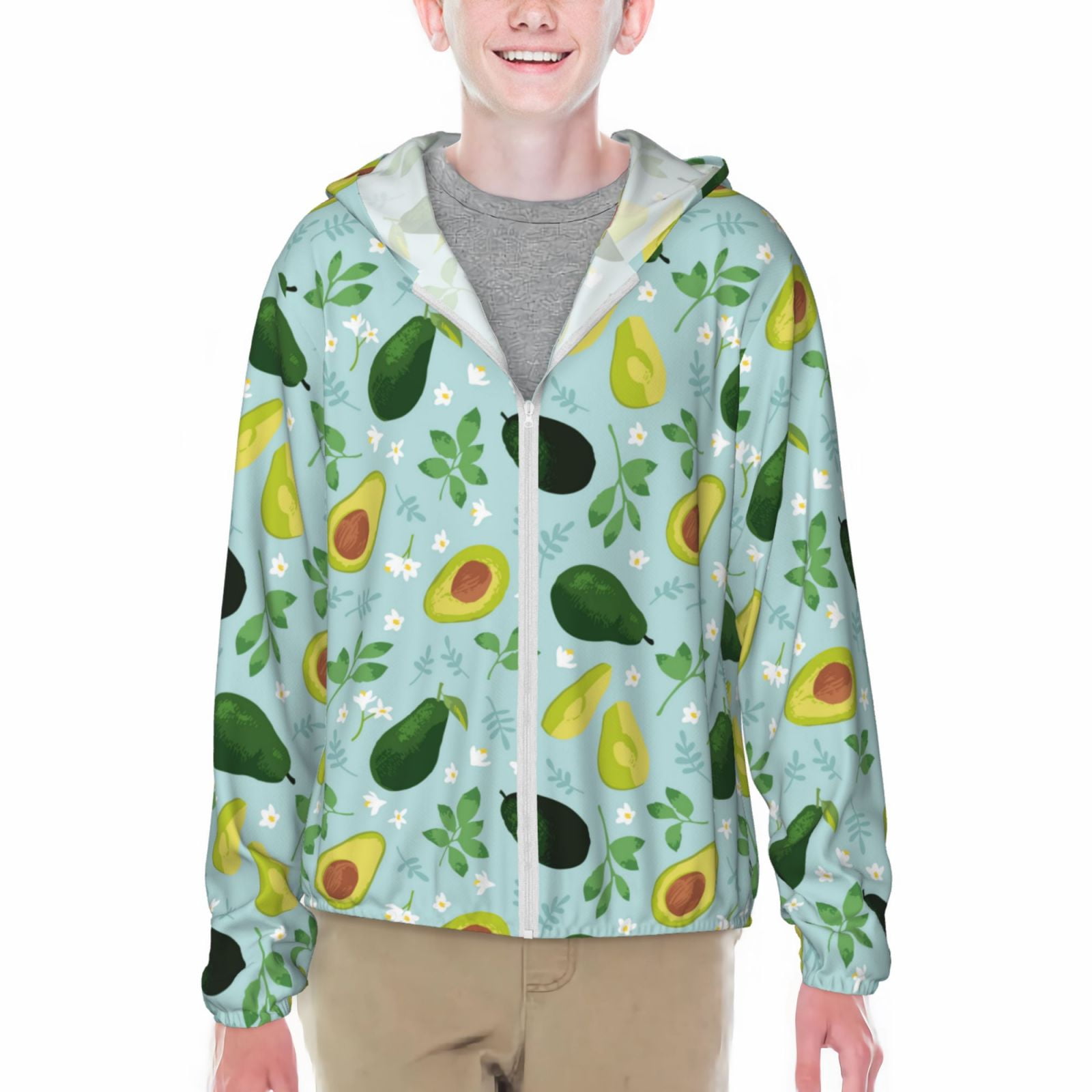 Honeii Avocado Flowers And Leaves Print Sun Protection Jacket Hooded ...