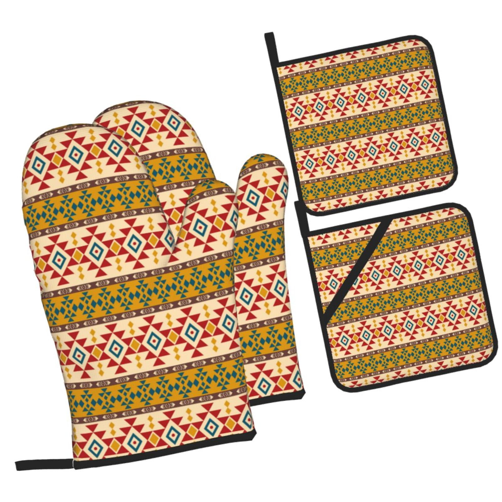 Honeii Aztec Pattern Oven Mitts and Pot Holders, Silicone Oven Gloves ...