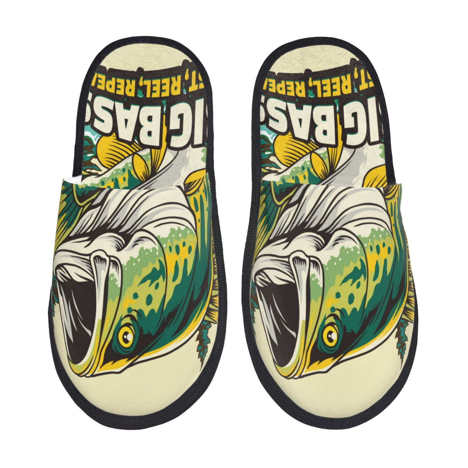 Honeii Bass Fish and Water Print Furry Slippers Bedroom Slippers for ...