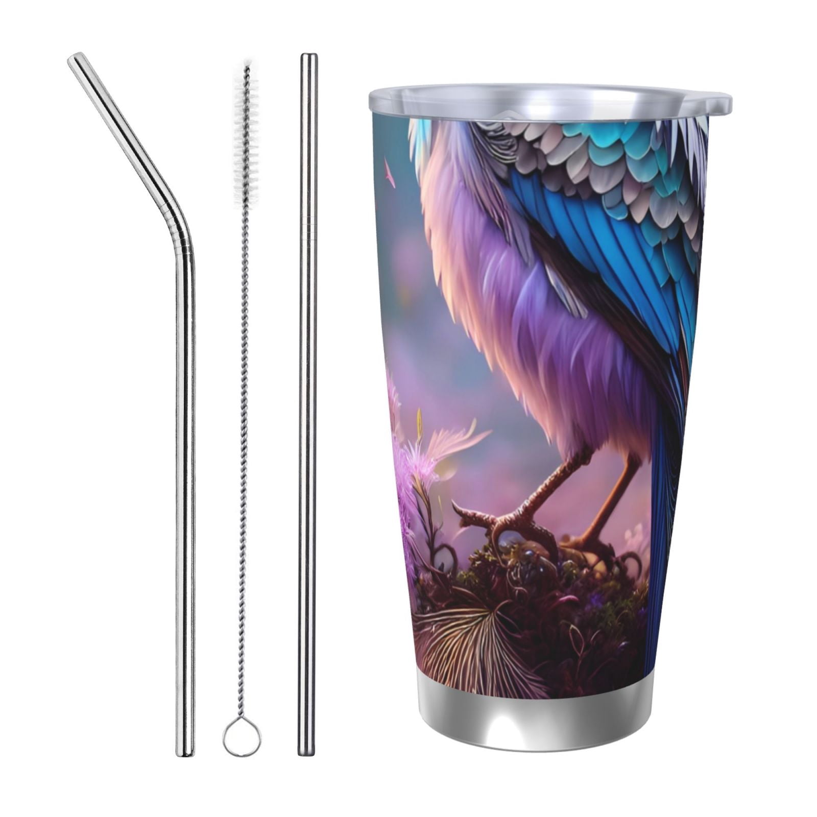 Honeii Beautiful Flower Blue Bird Print 20OZ Car Cup, Insulated ...
