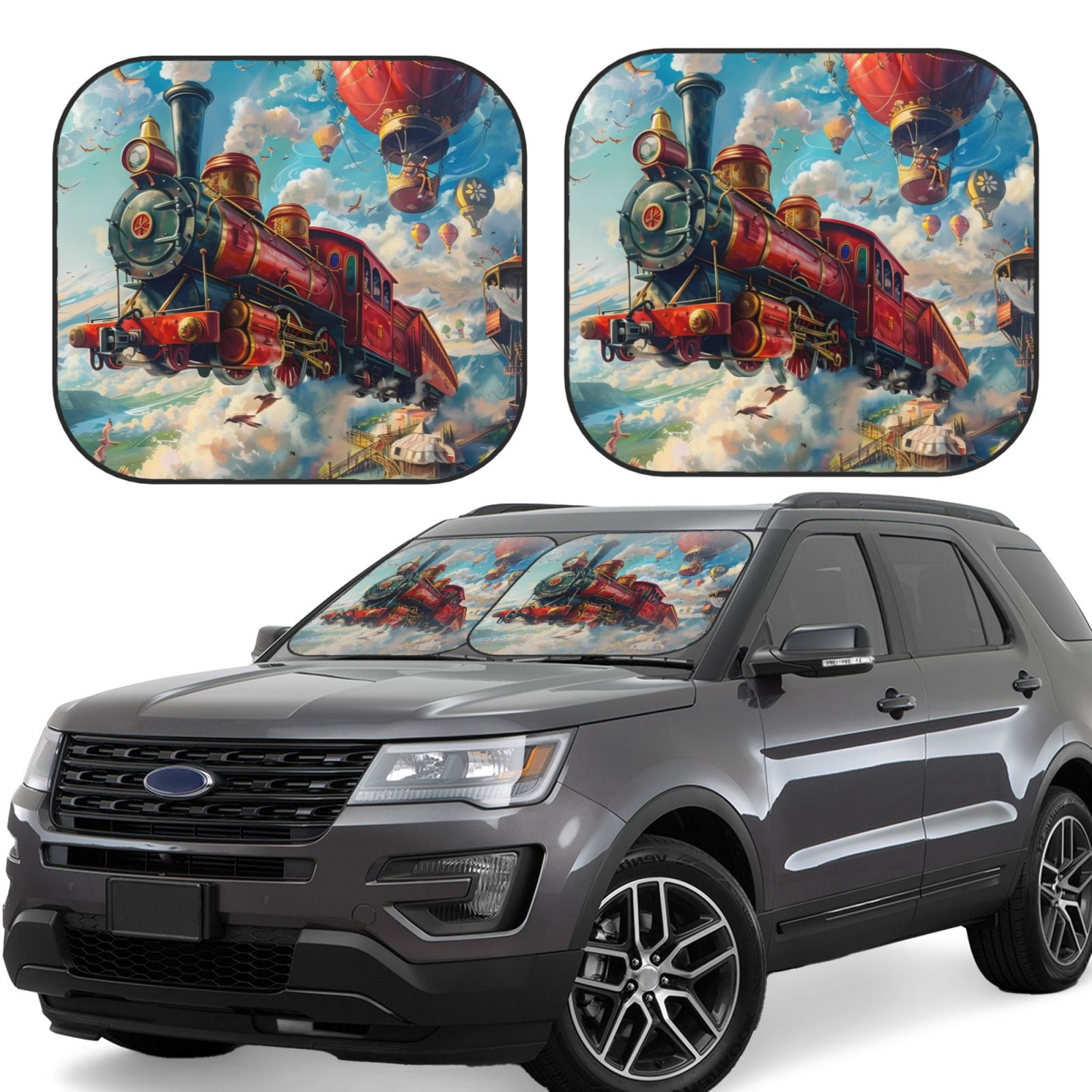 Honeii Beautiful Red Train Hot Air Balloon Print Foldable Car Sun Shade ...