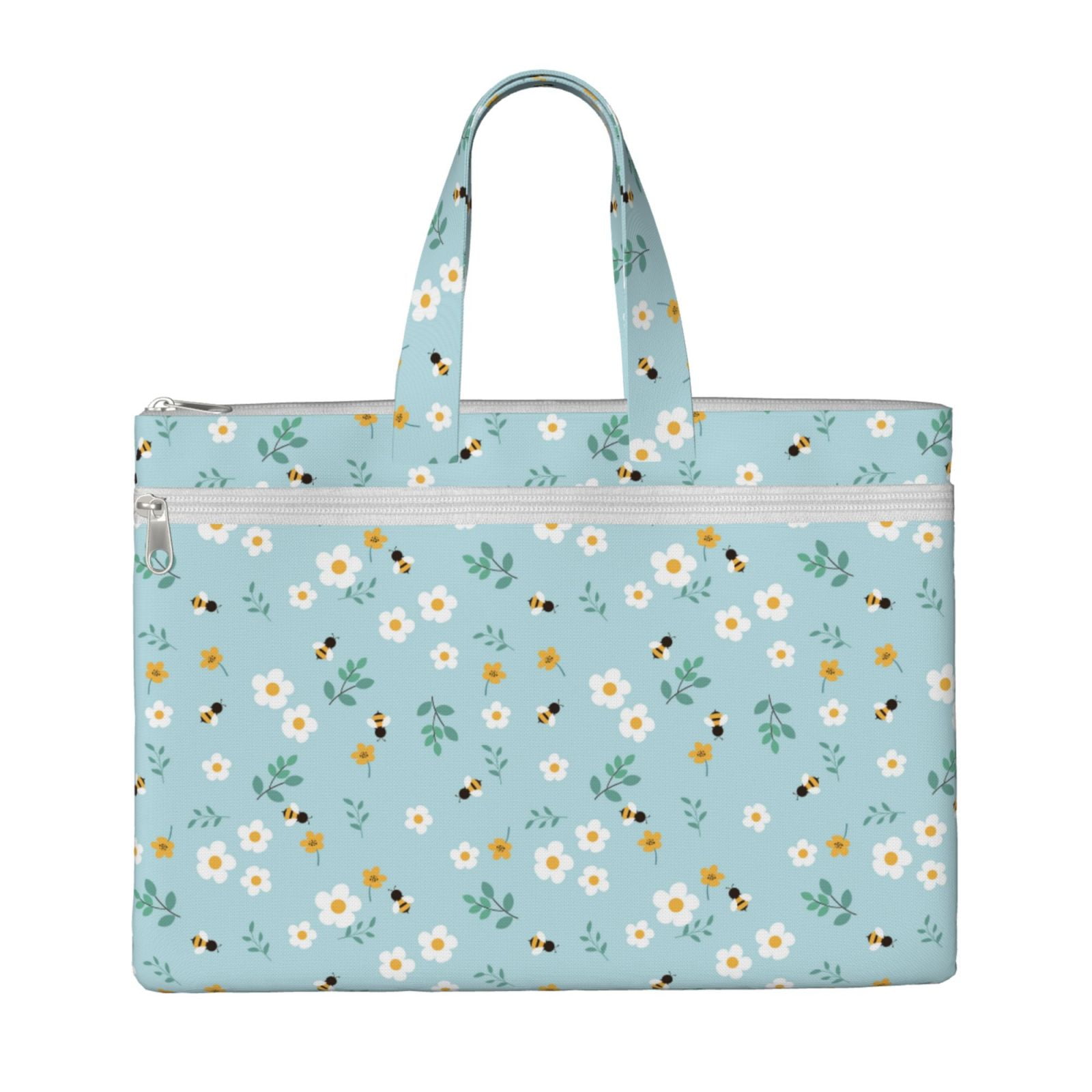 Honeii Bee Flower Print Canvas Tote Bag with Compartments Laptop Tote ...