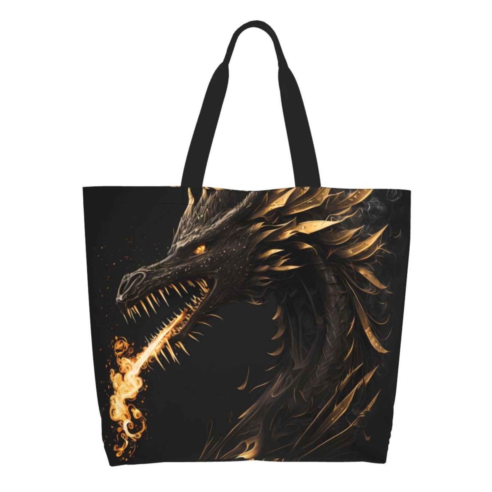 Honeii Black And Gold Fire Dragon Print Tote Bag for Women, Foldable Tote Bag Large Shoulder Bag ...