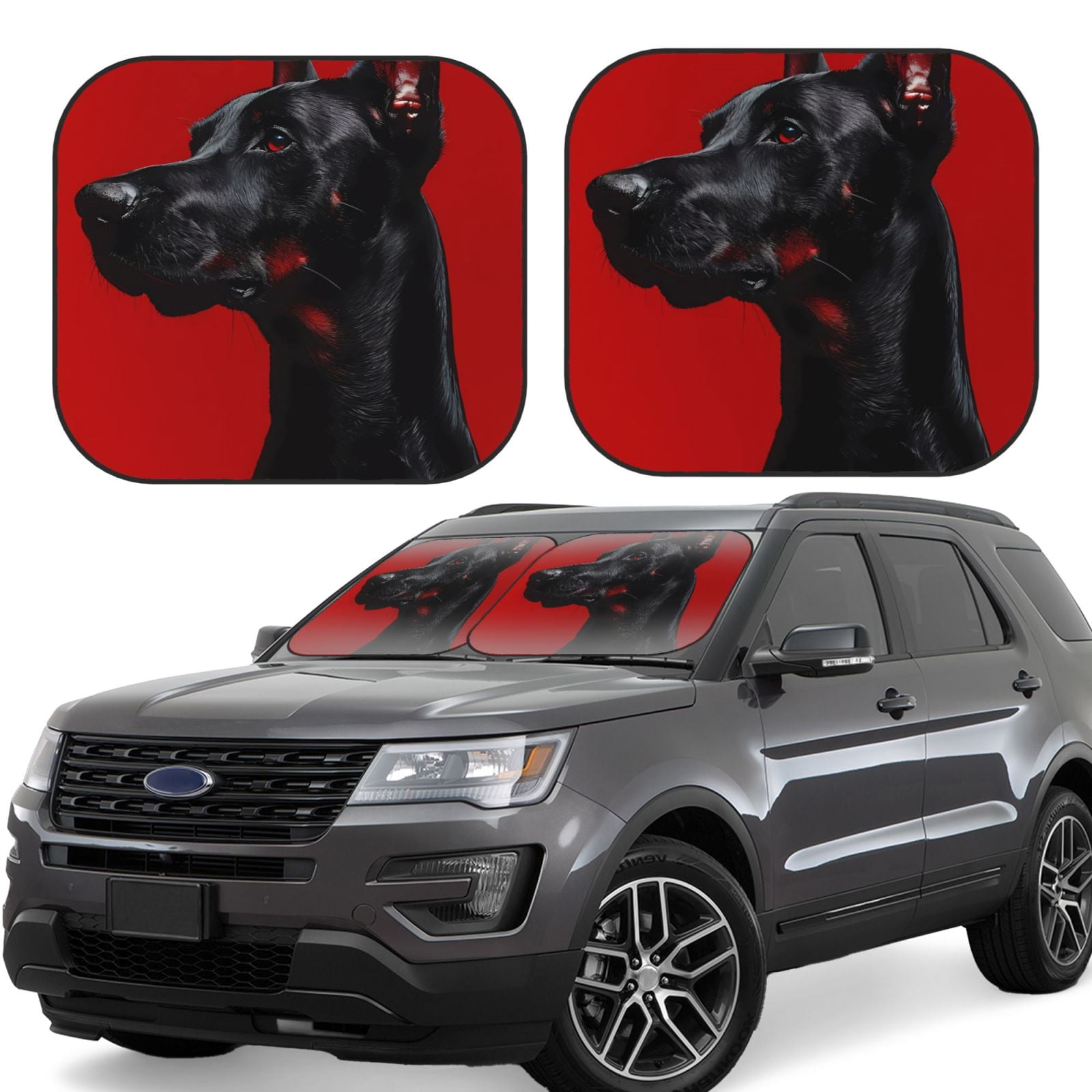 Honeii Black Dog Red Background Print Foldable Car Sun Shade for ...