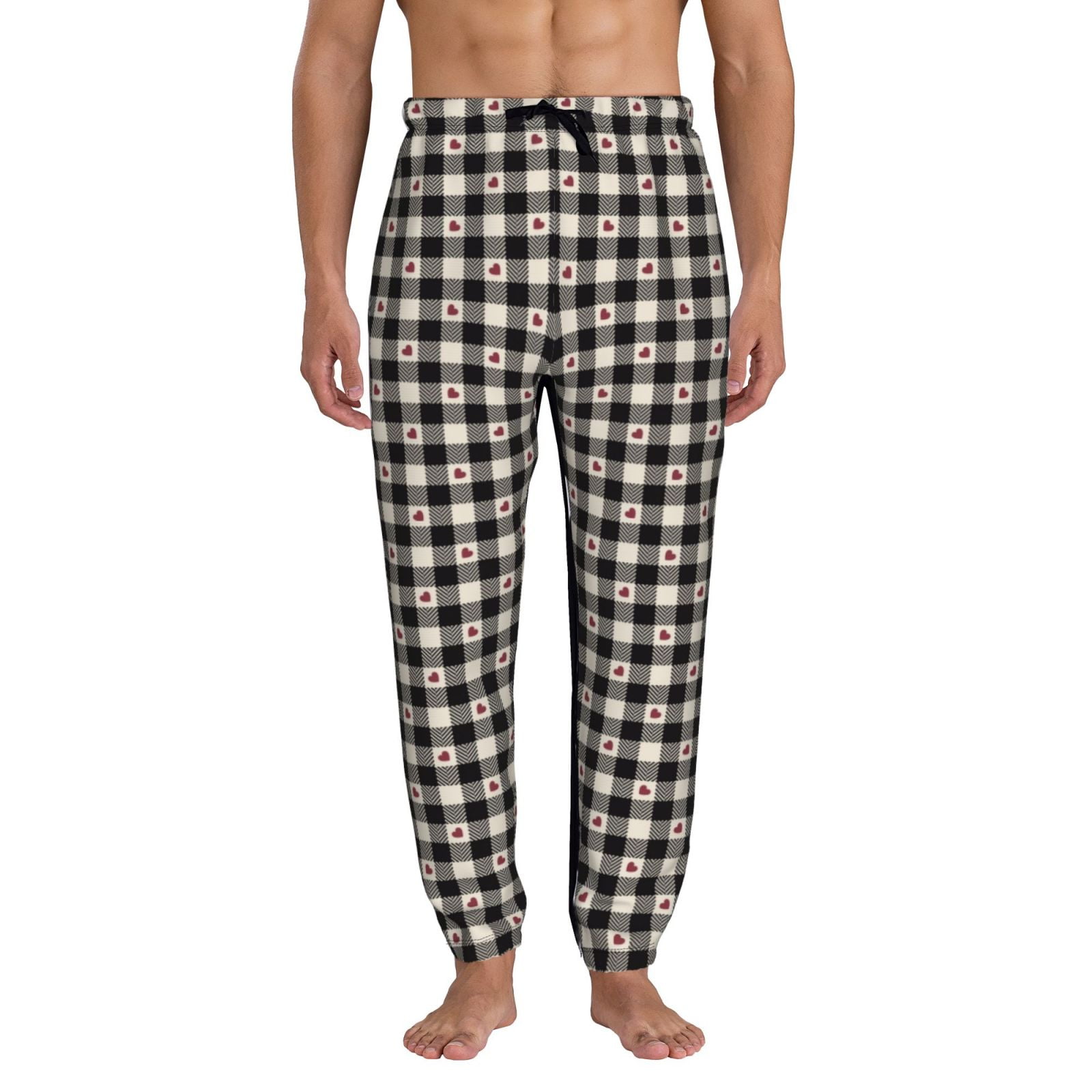 Honeii Black Plaid Heart Print Mens Jogger Sweatpants, Men's Lounge ...