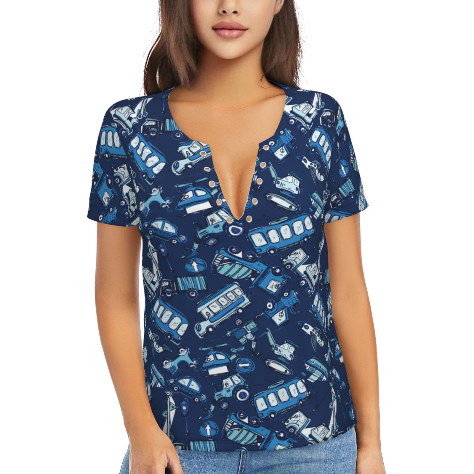 Honeii Blue Bus Print Women's V-Neck T-Shirt,Short Sleeve V Neck Tees ...