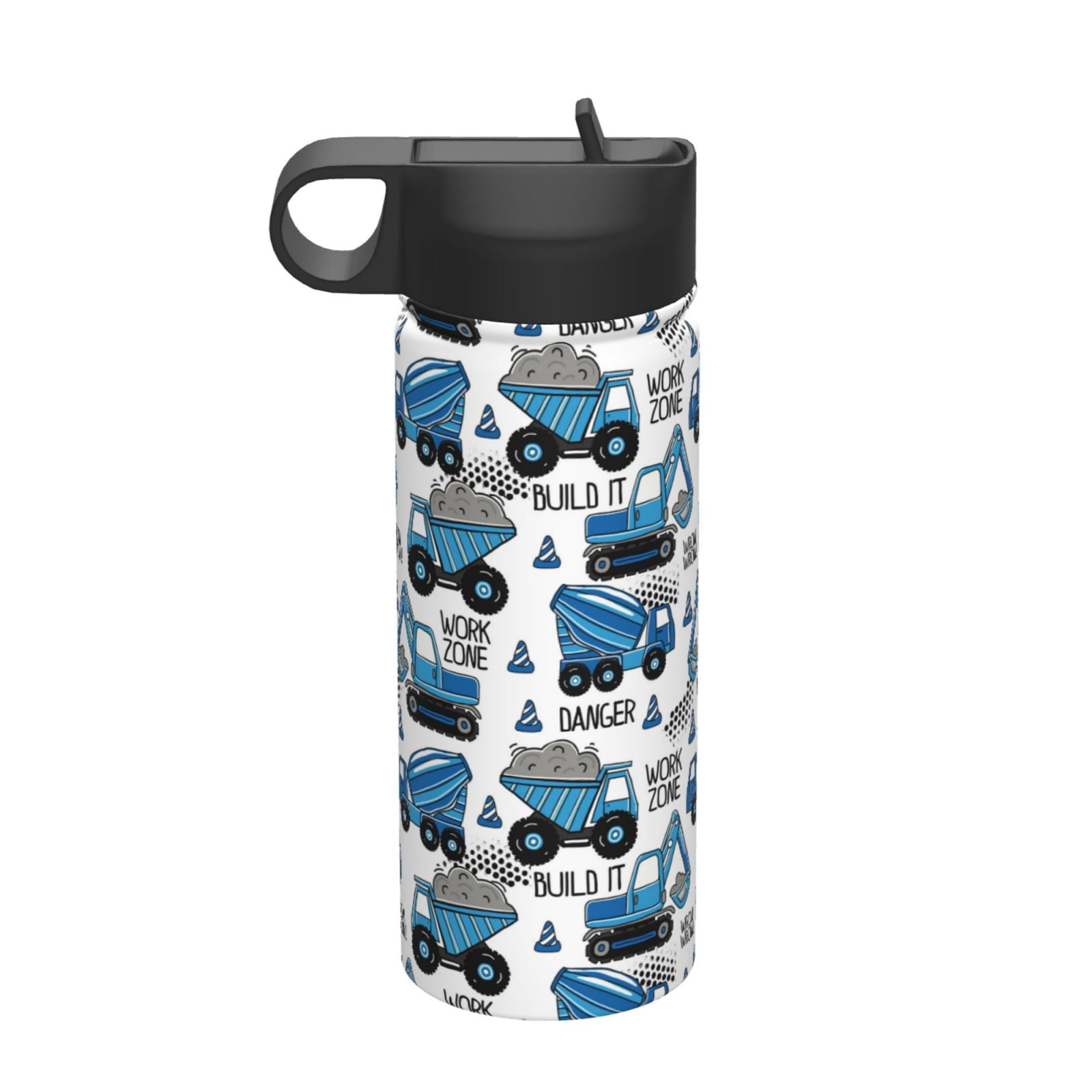 Honeii Blue Excavator Print 18 oz Insulated Water Bottle with Straw Lid ...