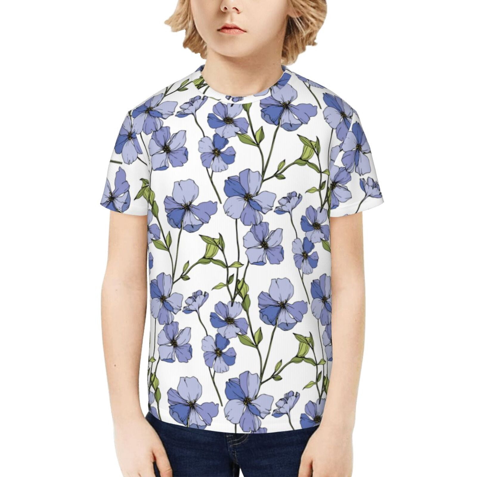 Honeii Blue Flax Flowers Print Kids Boy T-Shirt,Breathable Round Neck ...