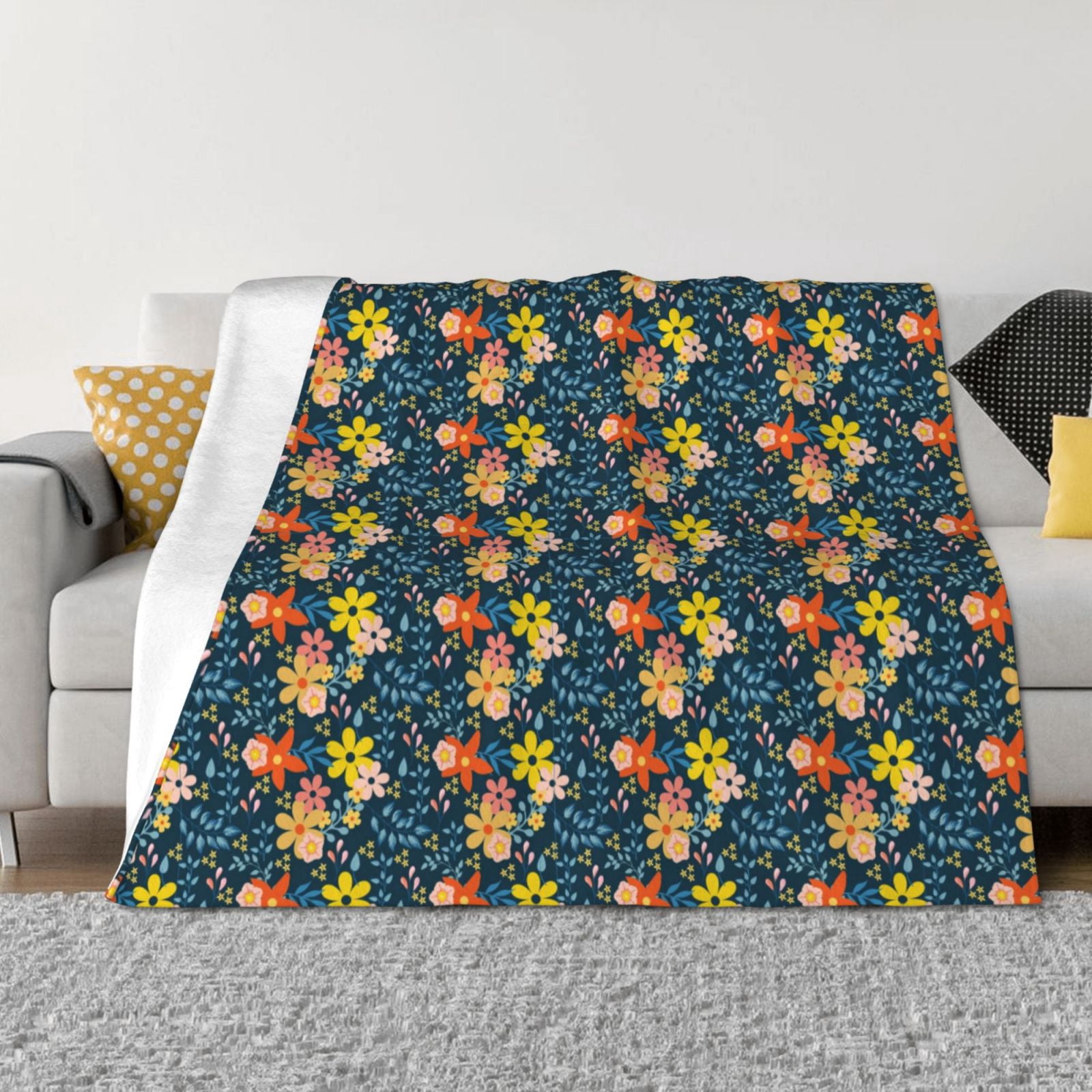 Honeii Blue Floral print throw blanket, crafted from cozy cotton ...