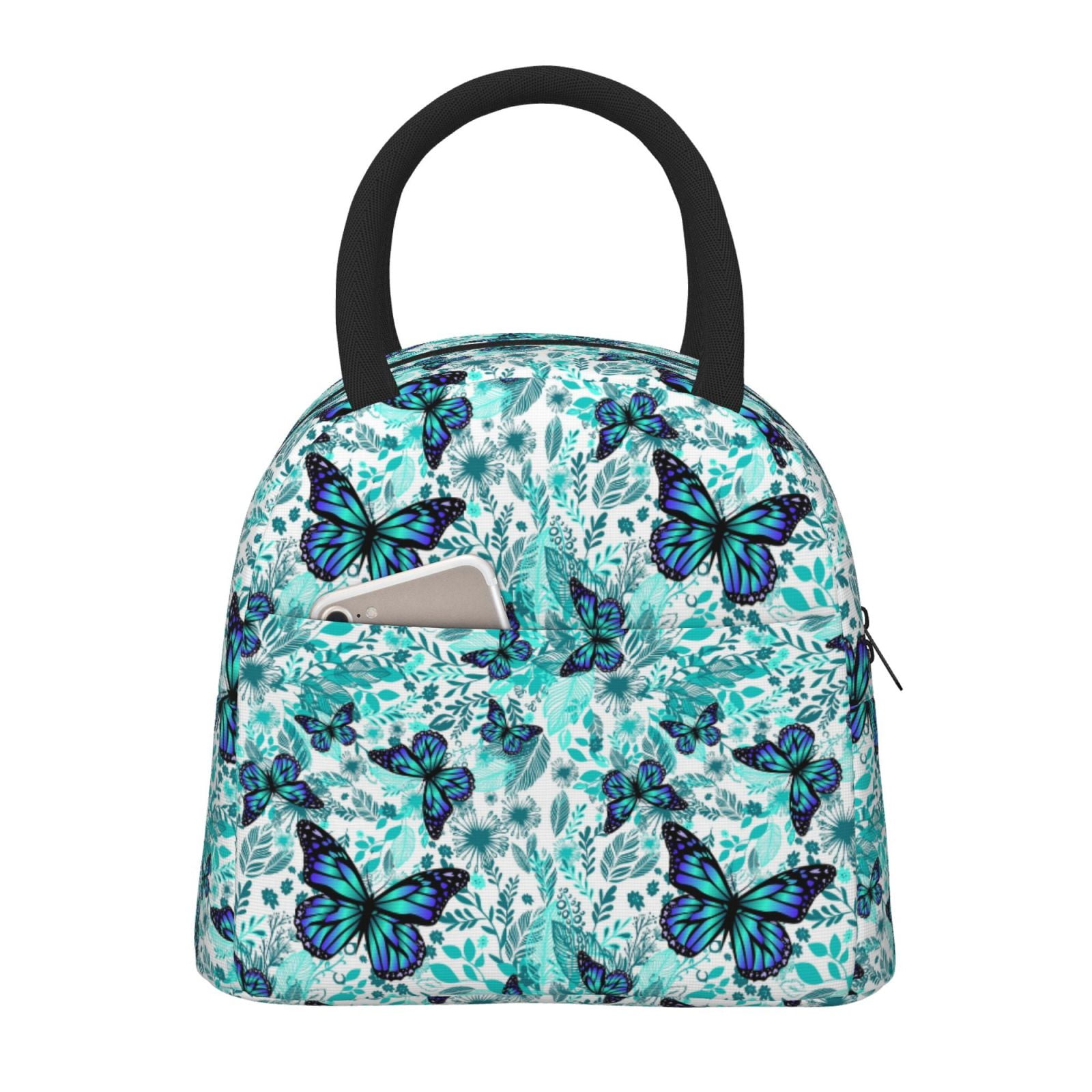 Honeii Blue Floral with Butterflies Print Insulated Lunch Bag Women ...