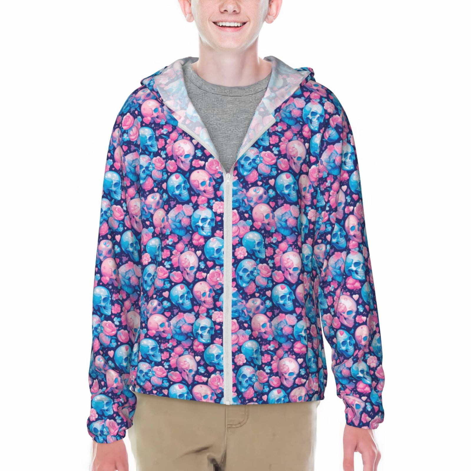 Honeii Blue Flower Skull Print Sun Protection Jacket Hooded Cooling ...