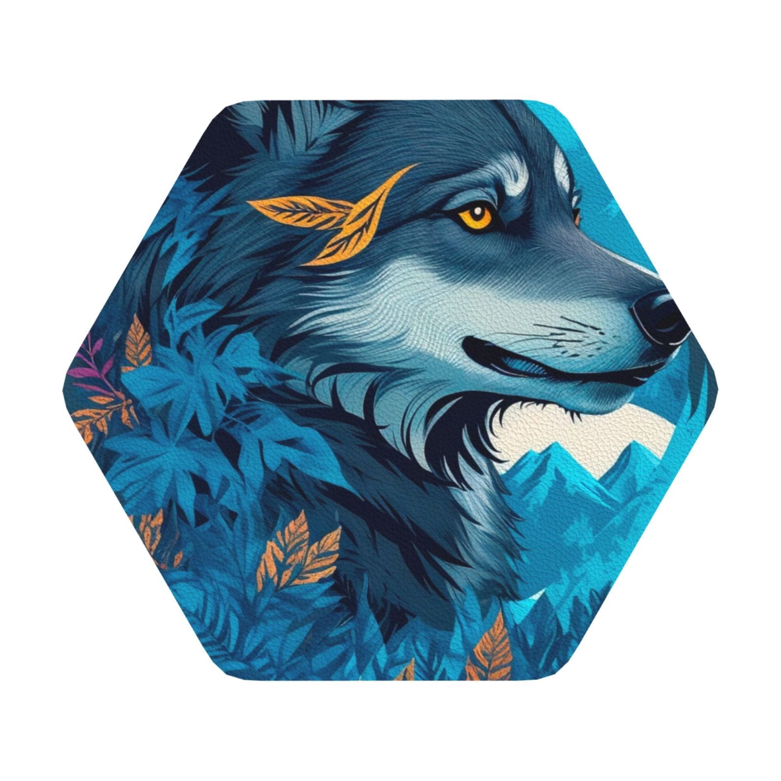 Honeii Blue Iceberg Leaf Wolf Print Leather Coaster Set of 6, Ideal for ...