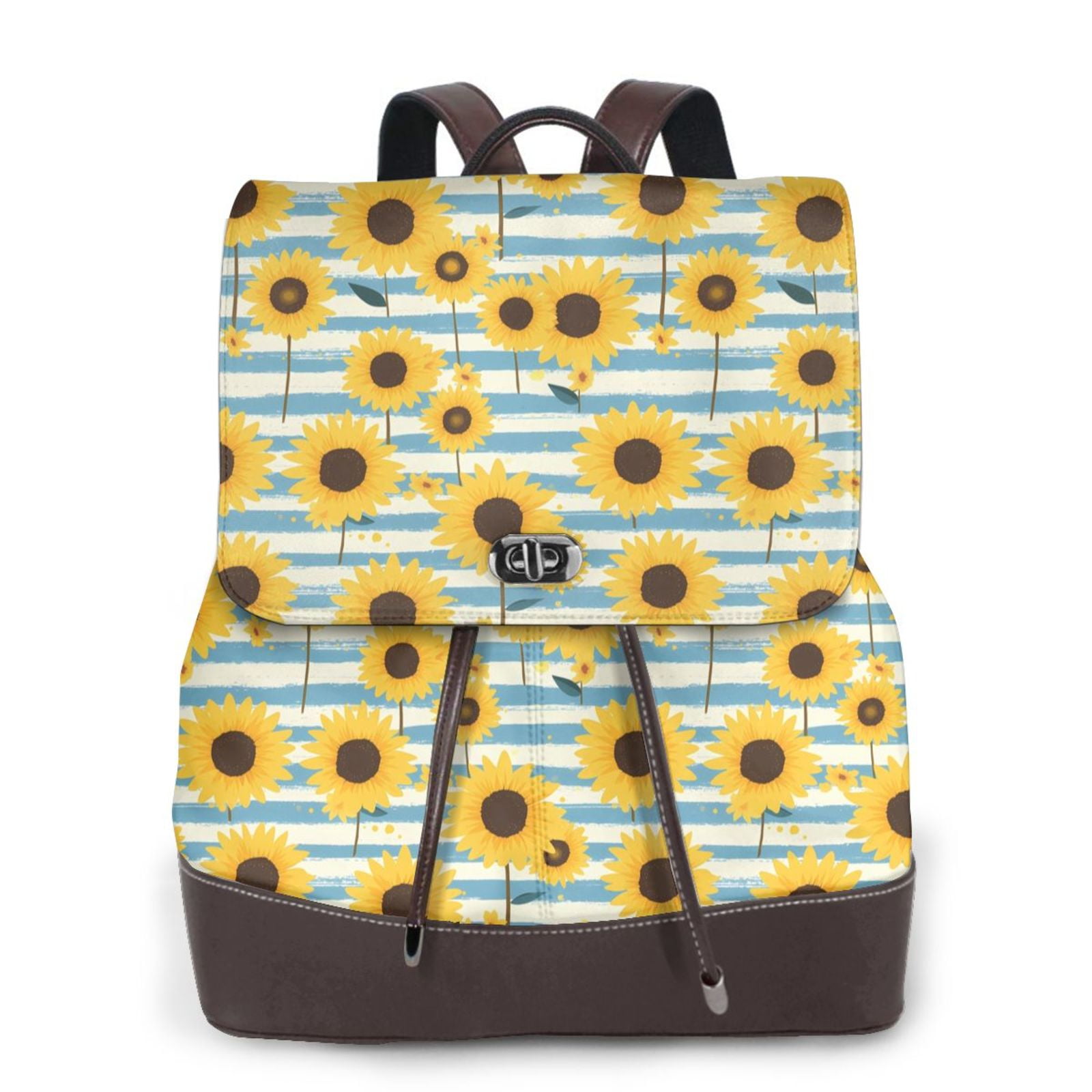Honeii Blue White Striped Sunflower A rint Leather Backpack,Trendy ...
