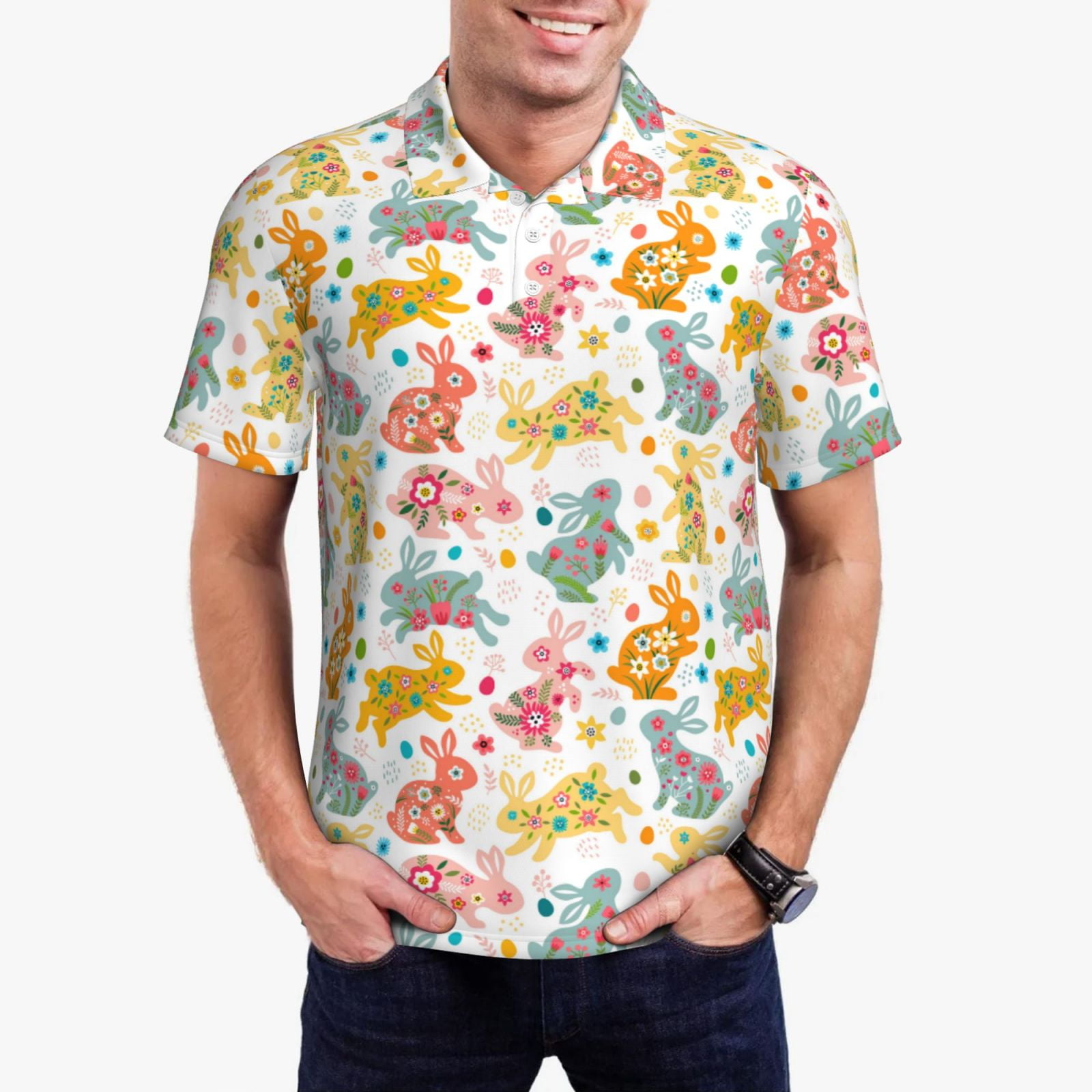 Honeii Boho Bunny print Polo Shirt, a classic short-sleeved, button ...
