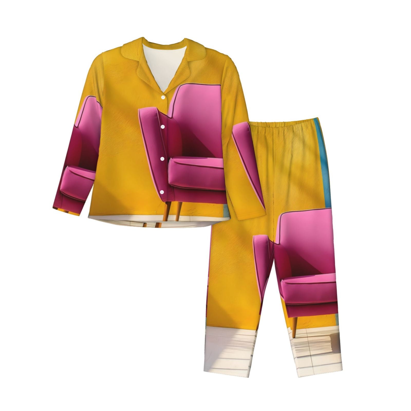 Honeii Bright Pink Chair Print Women's Pajama Sets Long Sleeve Button ...