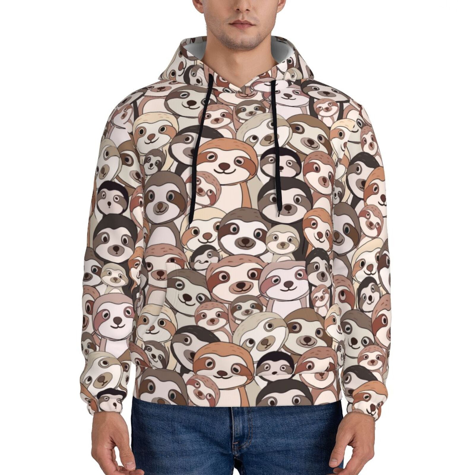 Honeii Brown Sloth Pattern Mens Hoodies Men's Loose Sleeve Sweatshirt ...