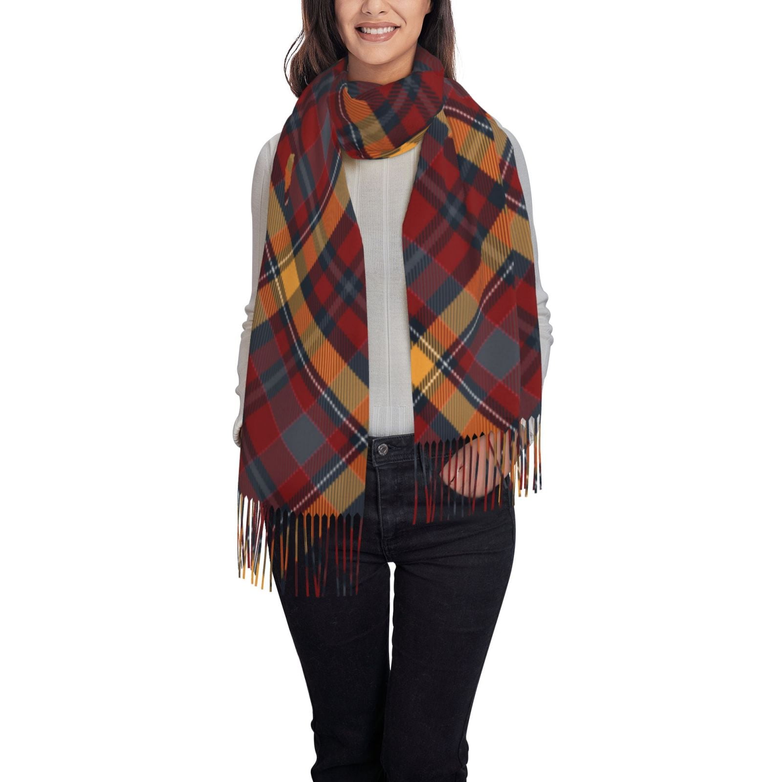 Honeii Buffalo Check Plaid Print Scarf Oversized Scarf Tassel Fall ...