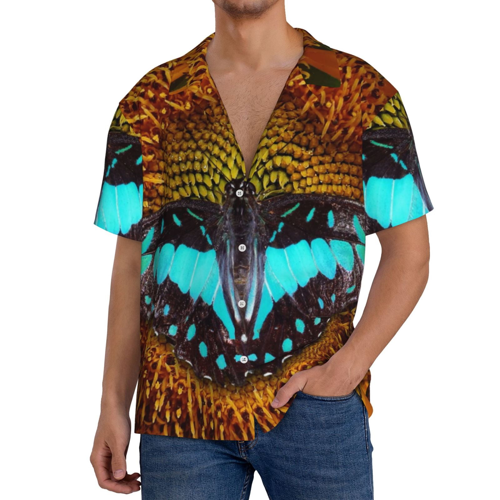 Honeii Butterfly Alighted On Sunflowers for Men's Short-Sleeved Button ...