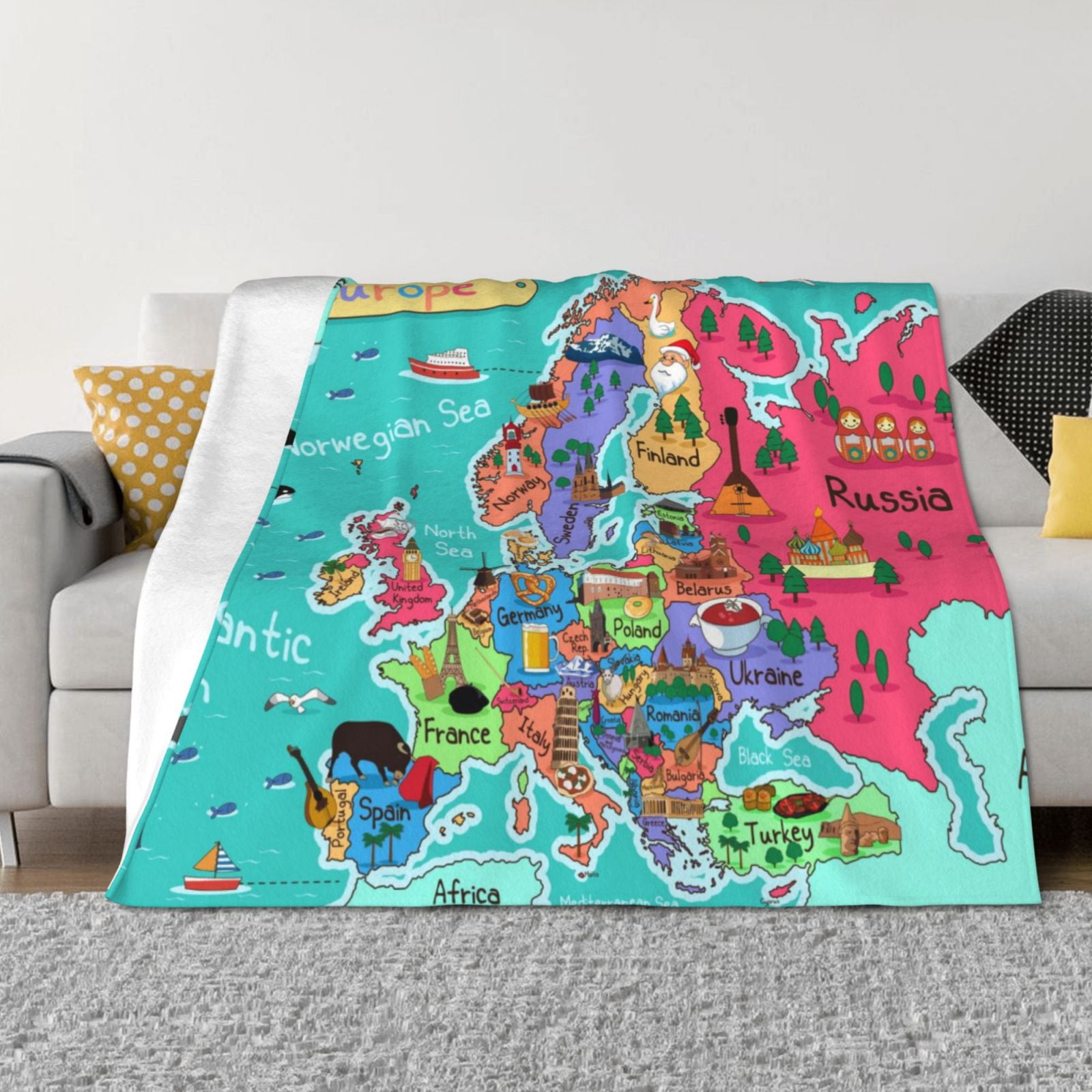Honeii Cartoon Map Of Europe print throw blanket, crafted from cozy ...