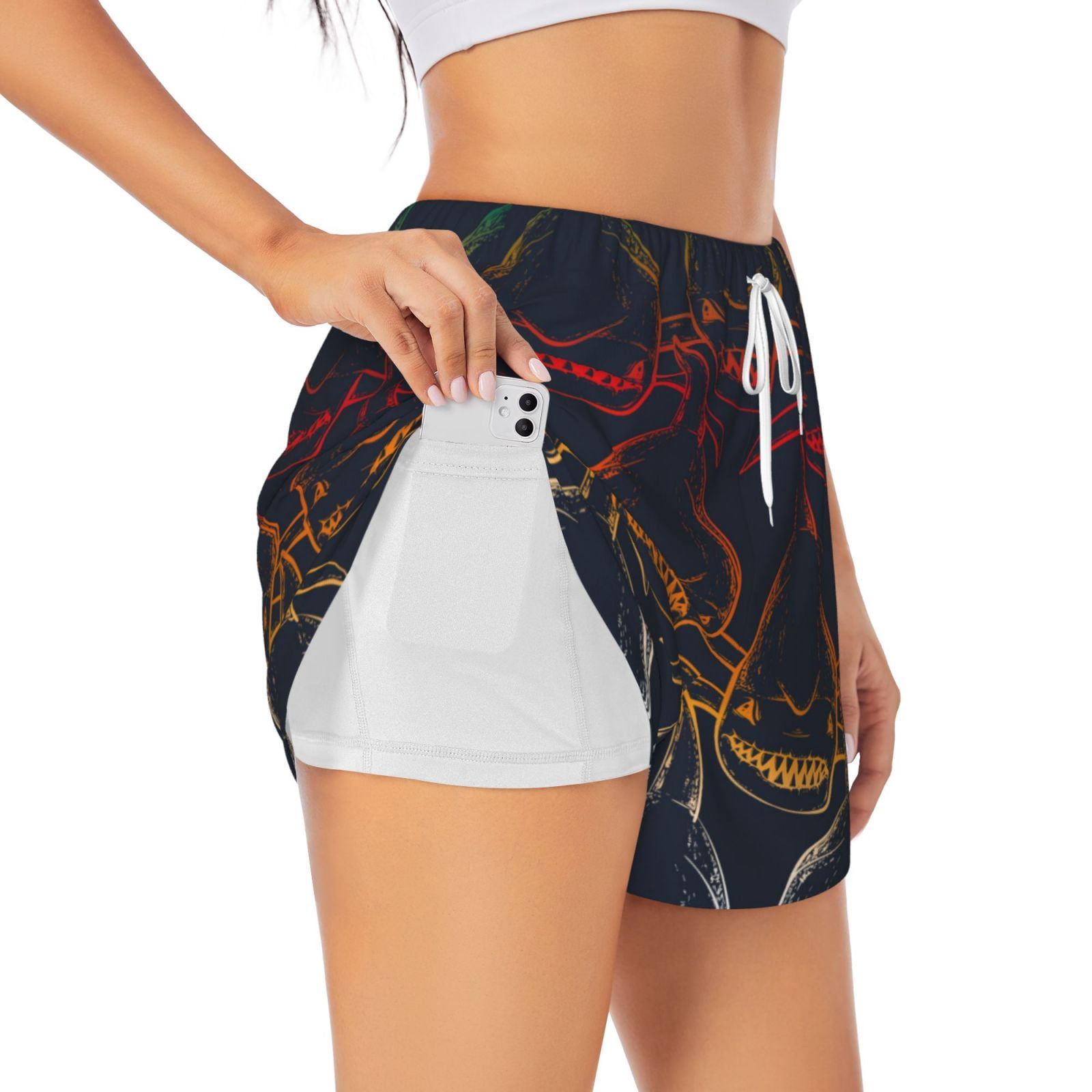 Honeii Cartoon Sharks print a double-layered women's running short ...
