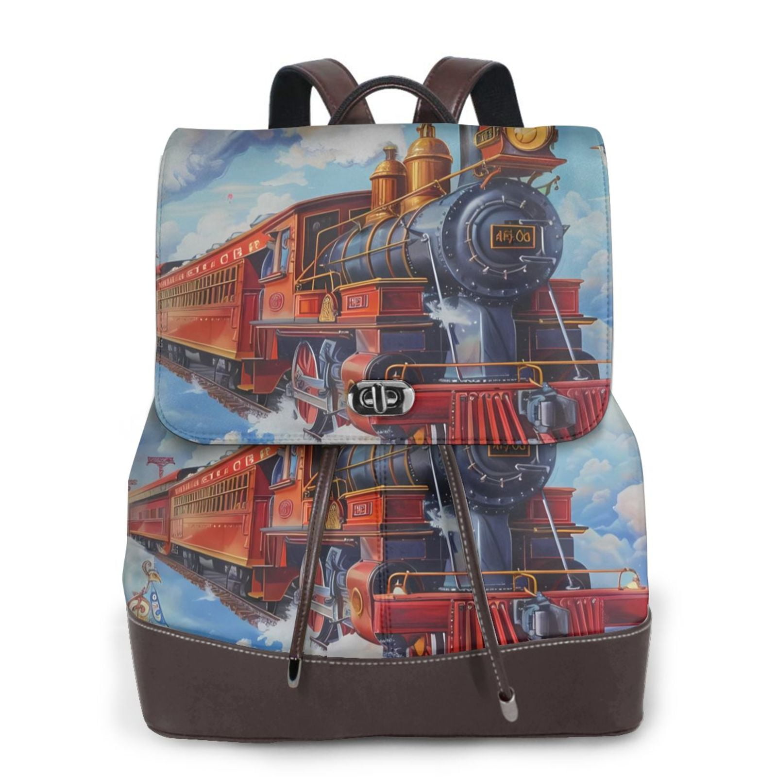 Honeii Cartoon Train Hot Air Balloon rint Leather Backpack,Trendy ...