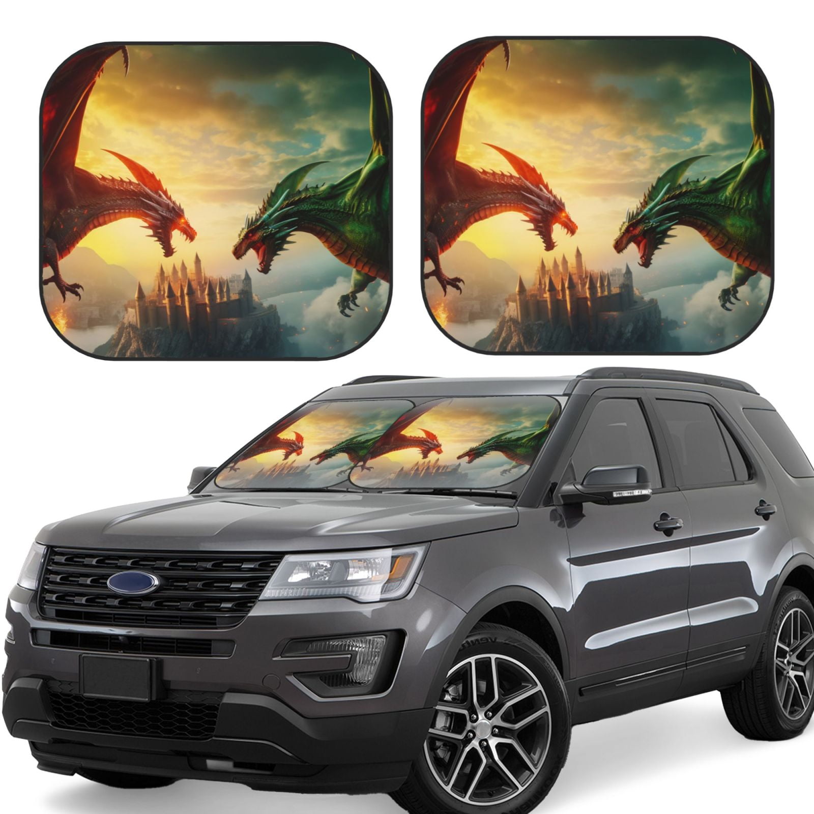 Honeii Castle Red Green Sky Dragon Print Foldable Car Sun Shade for ...