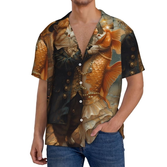 Honeii Cat Fish Dance Vintage for Men's Short-Sleeved Button-Up ...