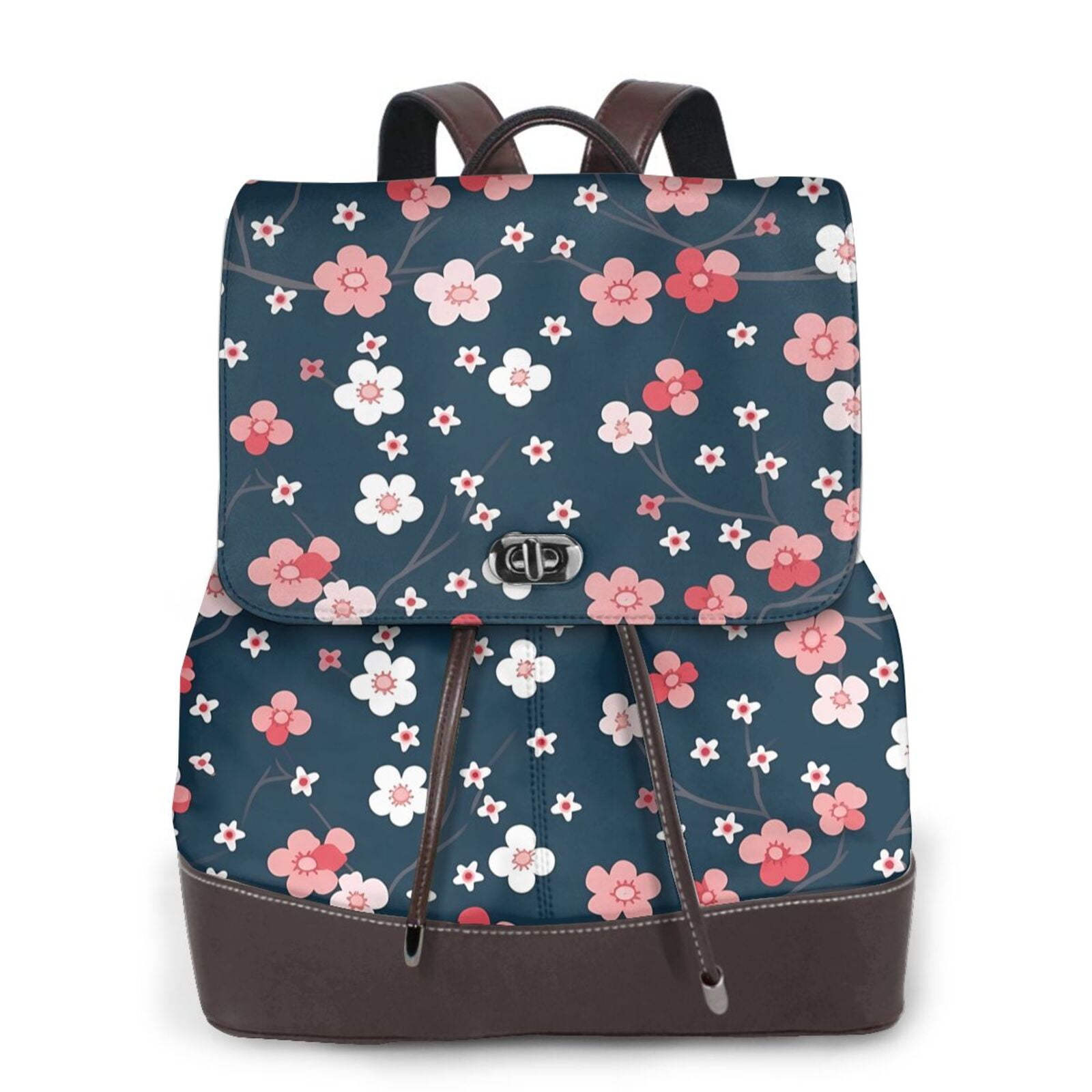 Honeii Cherry Blossoms rint Leather Backpack,Trendy Leather Backpack,PU ...