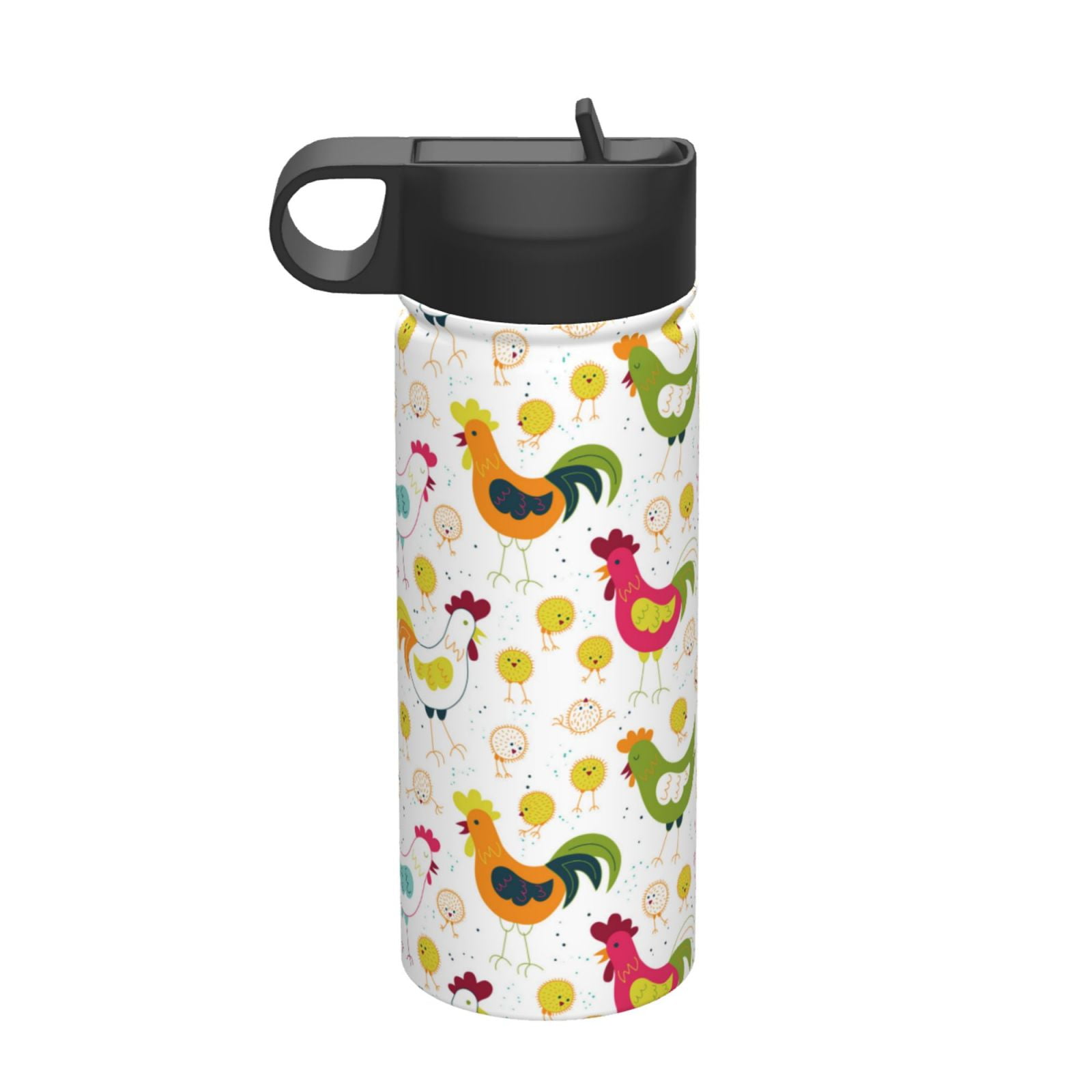 Honeii Chickens A Print 18 oz Insulated Water Bottle with Straw Lid ...