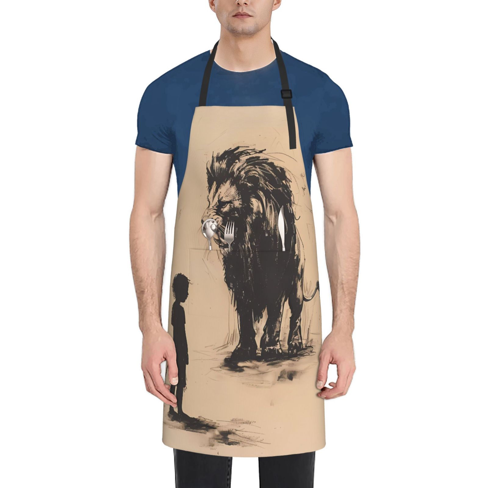 Honeii Child And Lion Sketch Print Waterproof Apron, Adjustable Kitchen ...