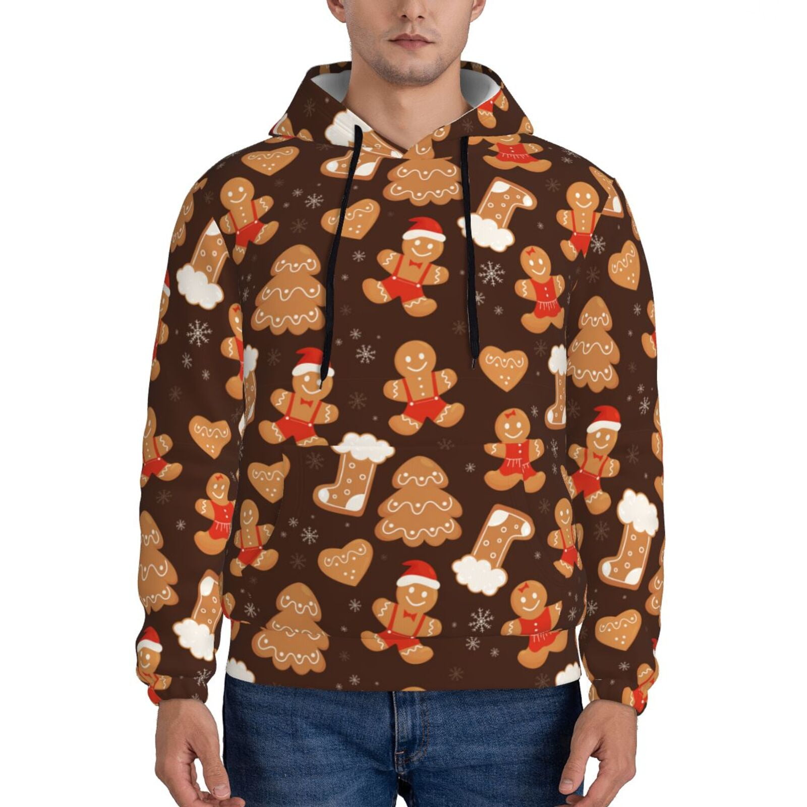 Honeii Christmas Gingerbread Cookies Pattern Mens Hoodies Men's Loose ...