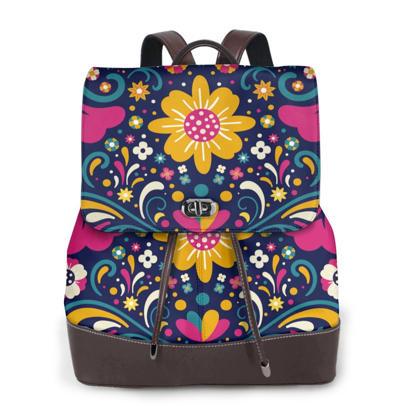 Honeii Cinco De Mayo Floral rint Leather Backpack,Trendy Leather ...