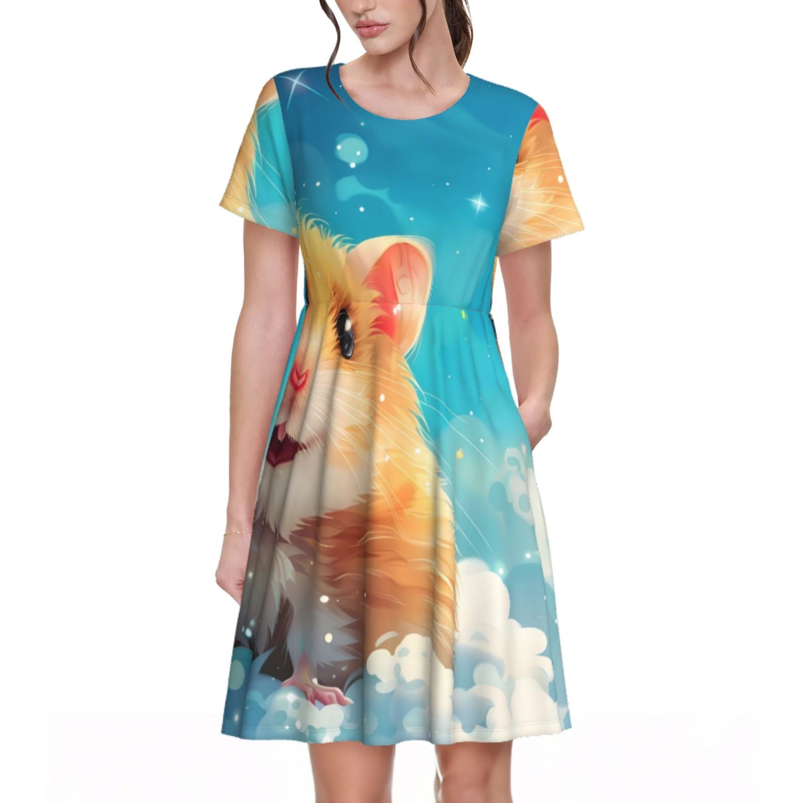 Honeii Cloud Cute Hamster Print Women’s Short Sleeve Dress, Comfortable ...