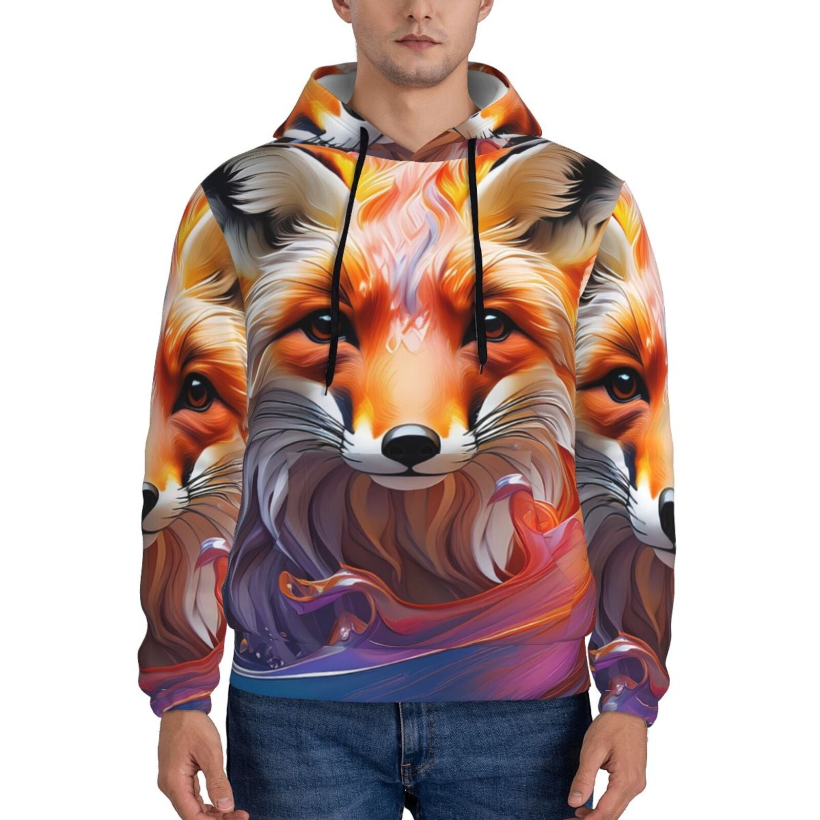 Honeii Color Splash Fox Portrait Pattern Mens Hoodies Men's Loose ...