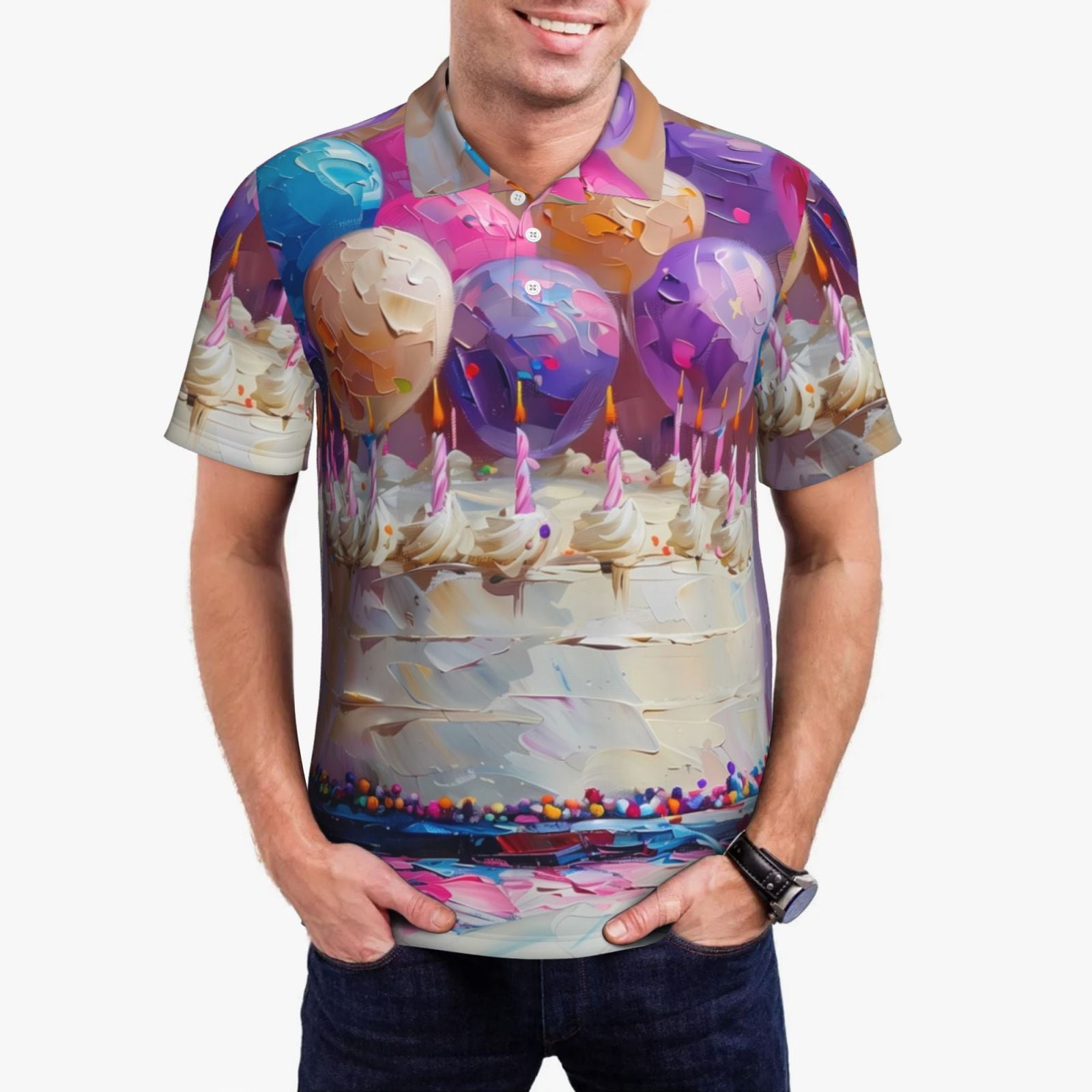 Honeii Colorful Balloon Cake Celebration Print Polo Shirt, A Classic ...