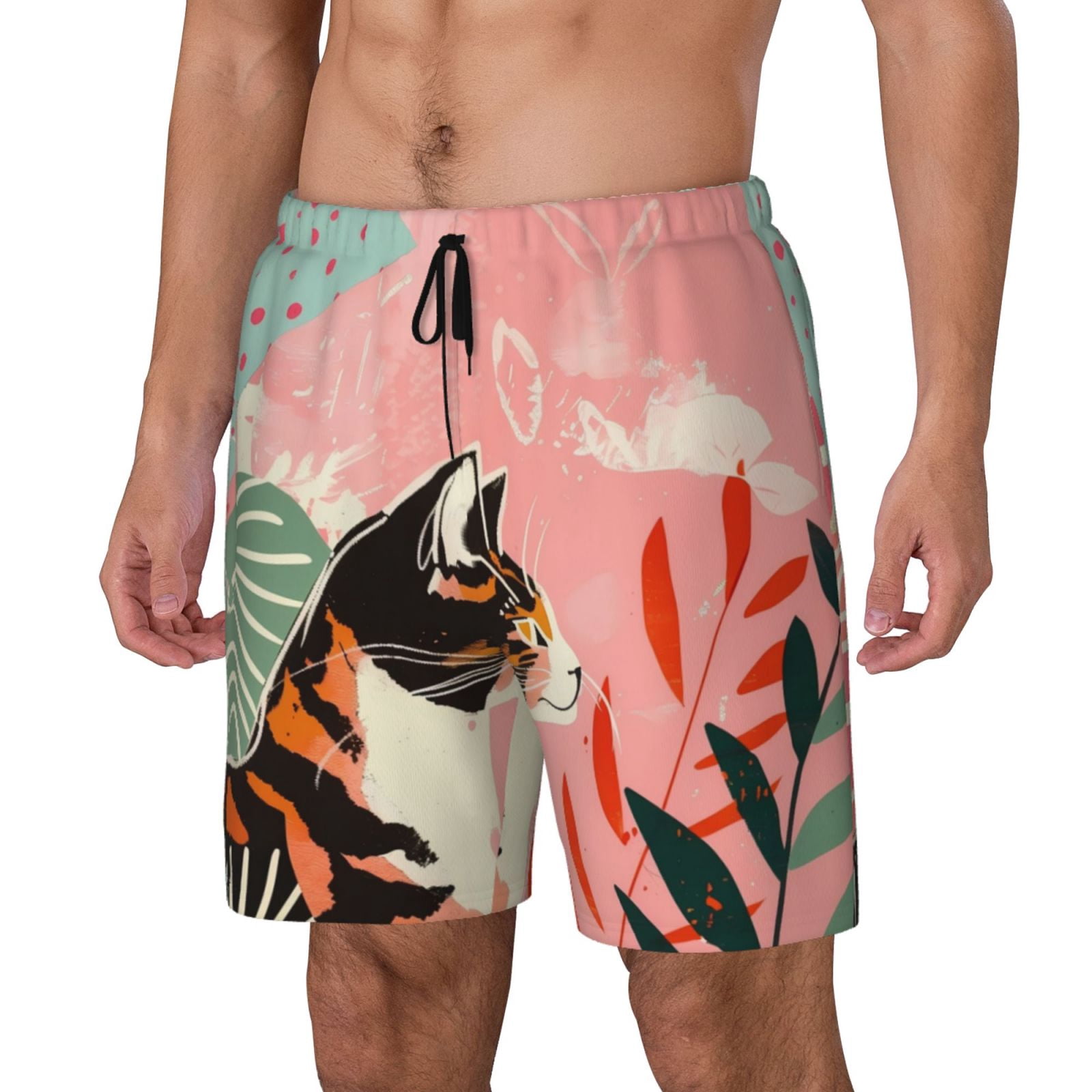 Honeii Colorful Cat With Flowers Print Men's Swim Shorts,Mens Swim ...