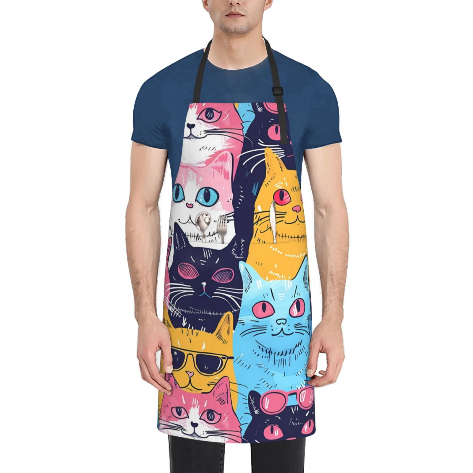 Honeii Colorful Cats Pattern Art Print Waterproof Apron, Adjustable ...