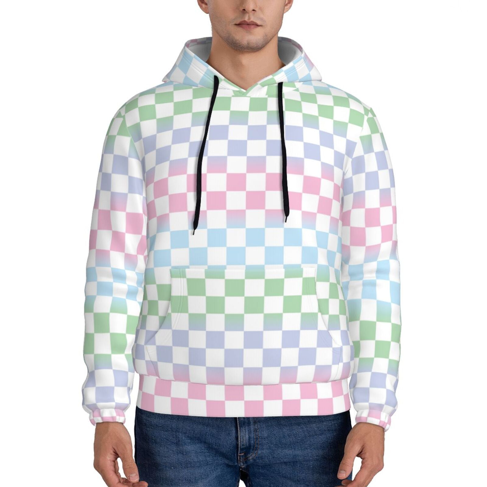 Honeii Colorful Checkerboard Pattern Mens Hoodies Men's Loose Sleeve ...