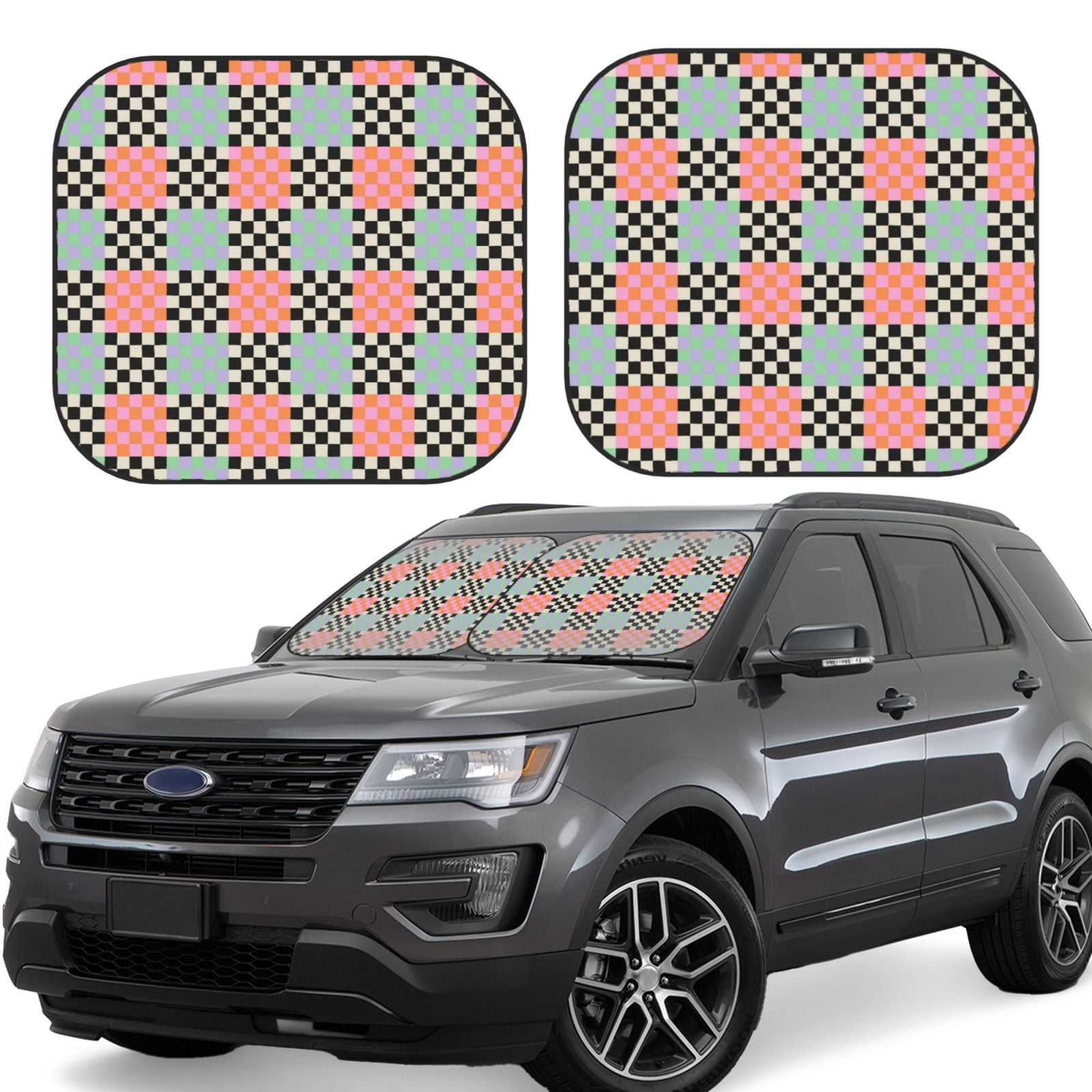 Honeii Colorful Checkered Print Foldable Car Sun Shade for Windshield ...