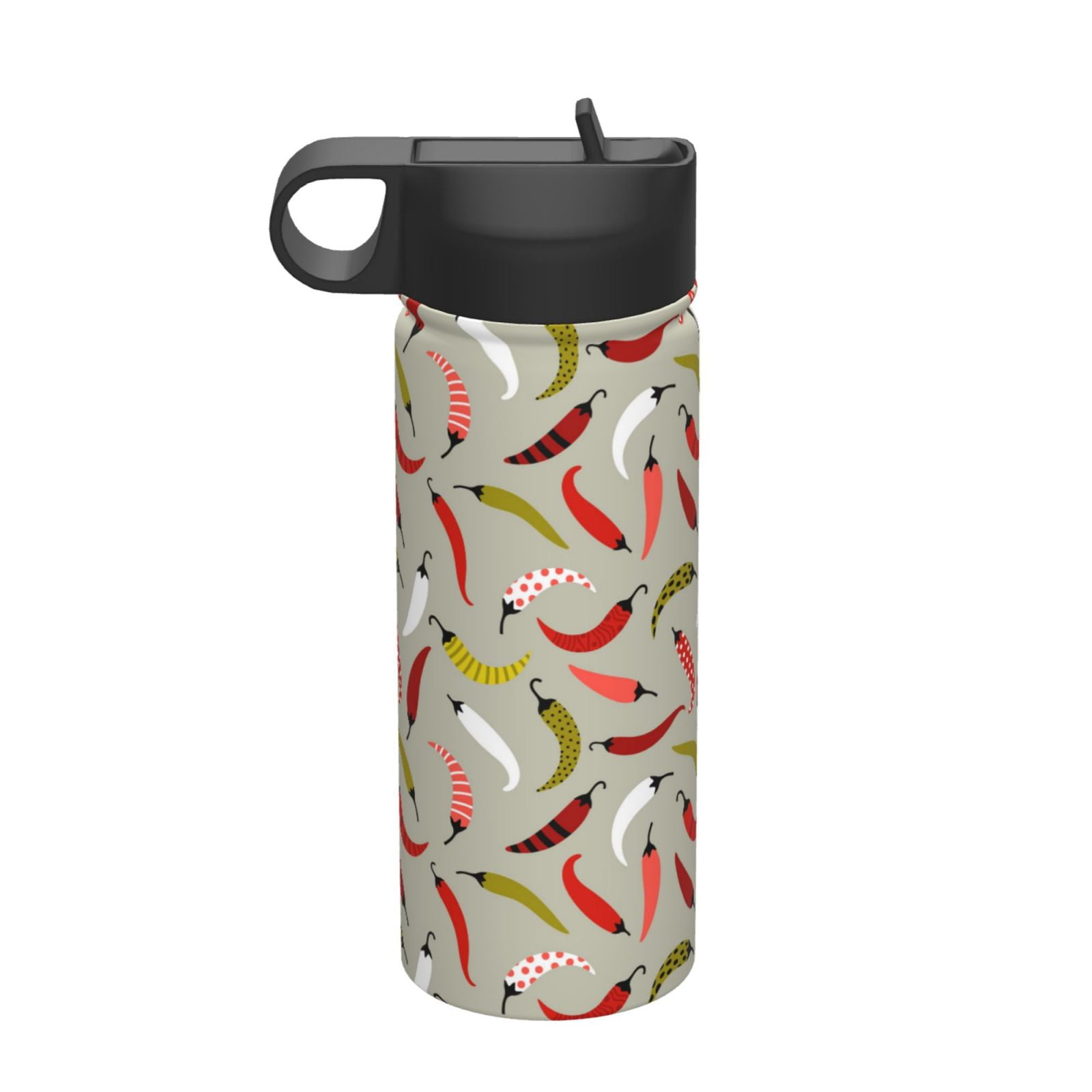 Honeii Colorful Chili Print 18 oz Insulated Water Bottle with Straw Lid ...