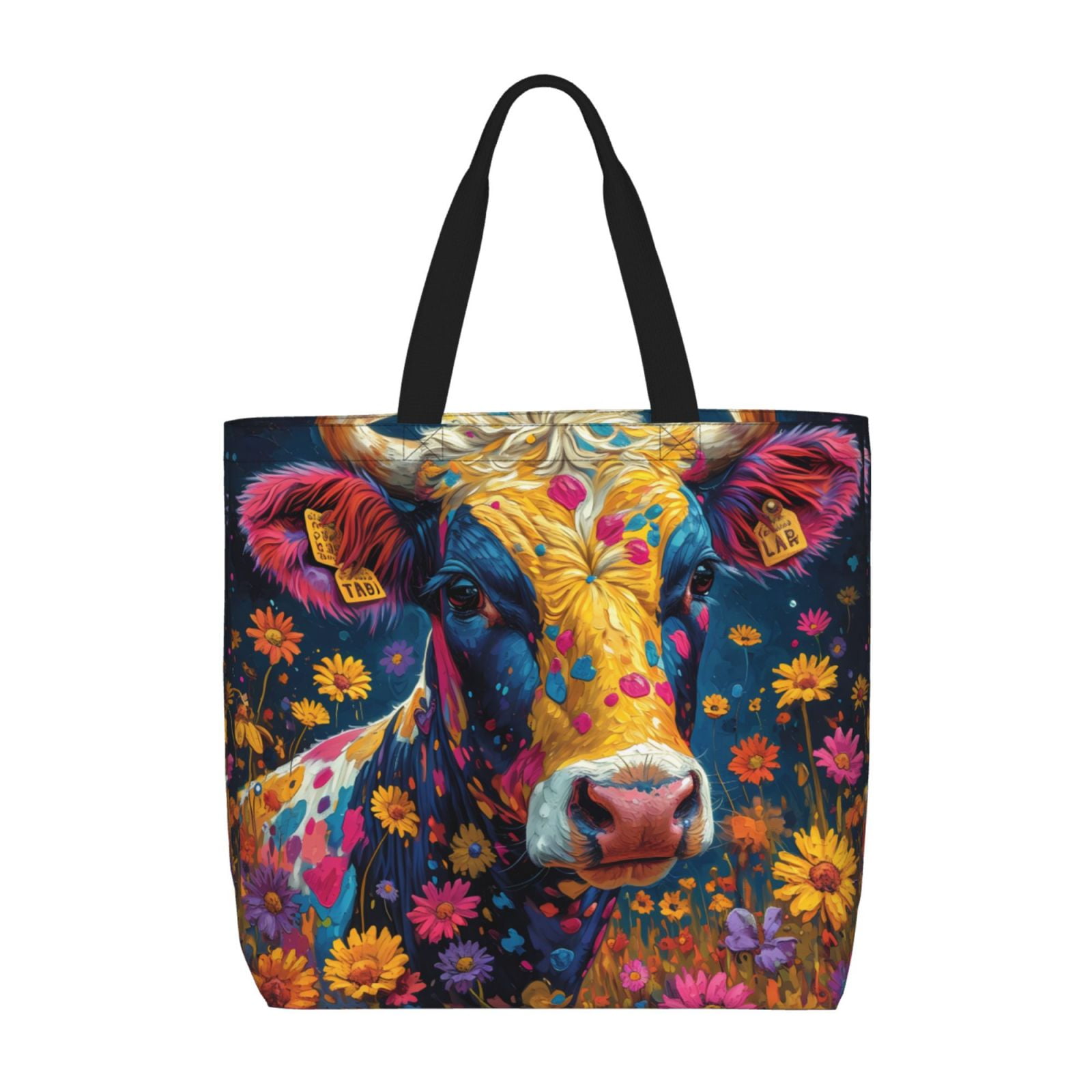 Honeii Colorful Daisy Sunflower Cow Print Tote Bag, Reusable Grocery ...