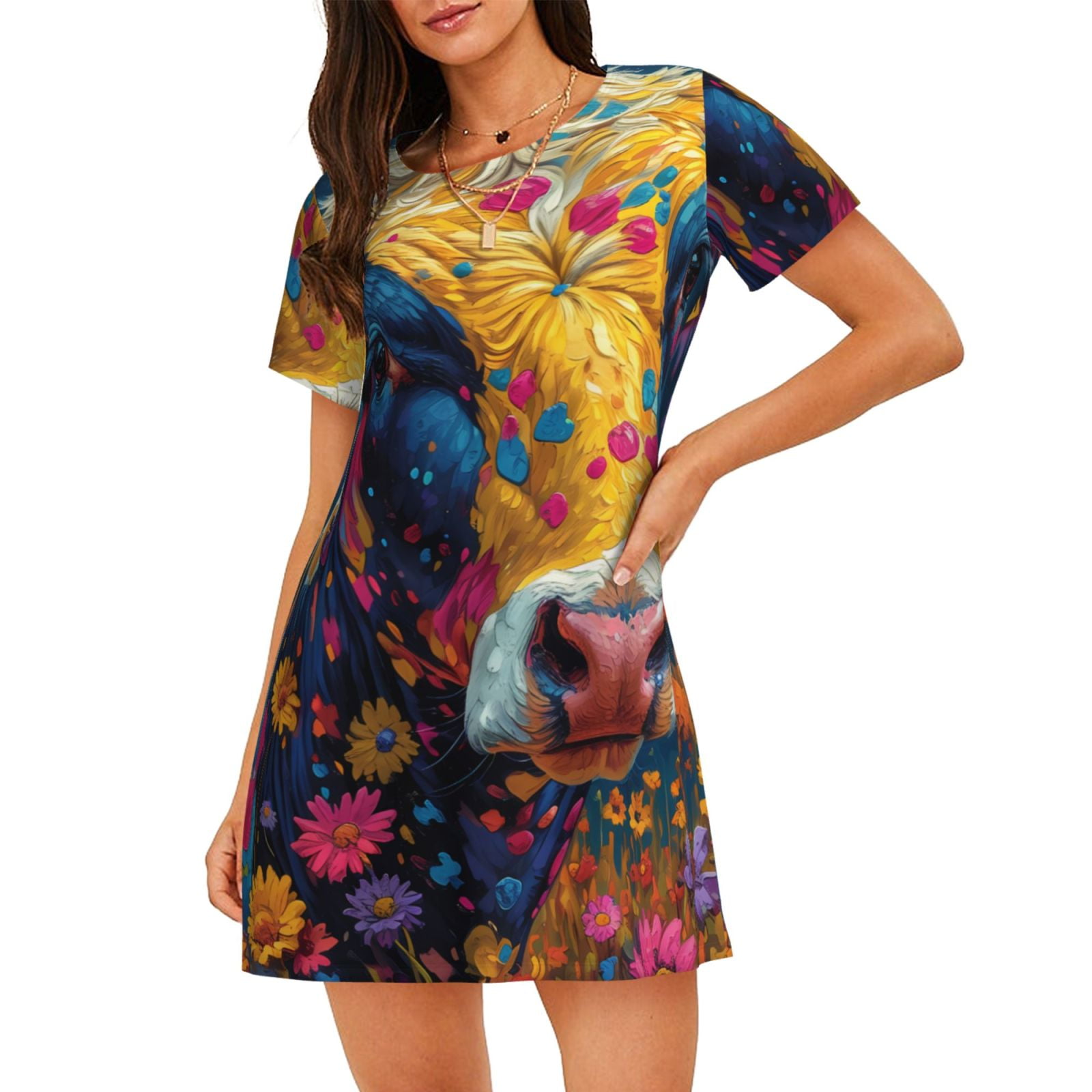 Honeii Colorful Daisy Sunflower Cow Print Women's Loose Short Sleeve ...