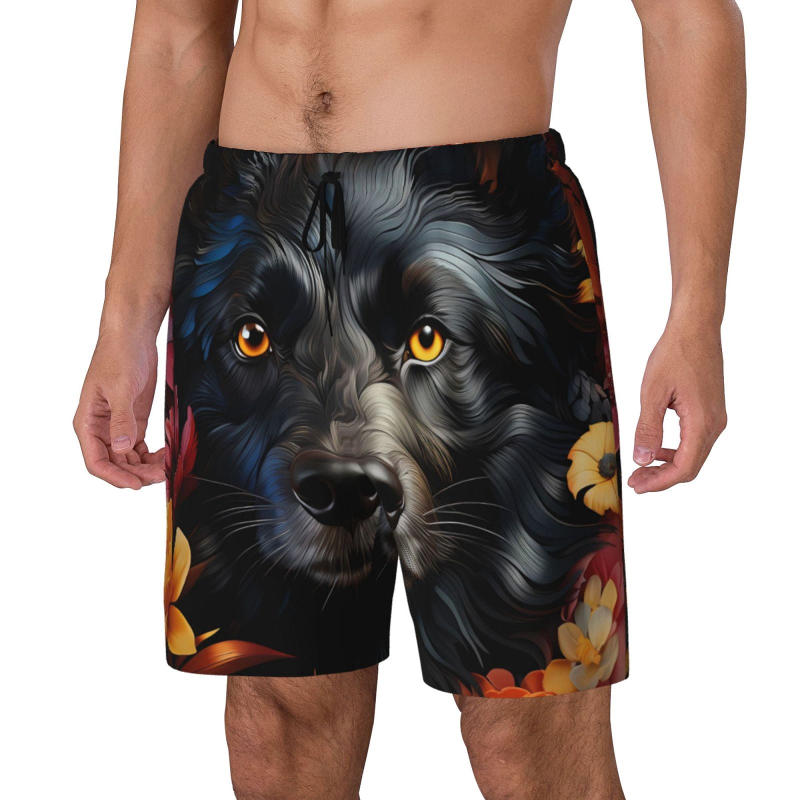 Honeii Colorful Floral Black Dog Print Men's Swim Shorts,Mens Swim ...