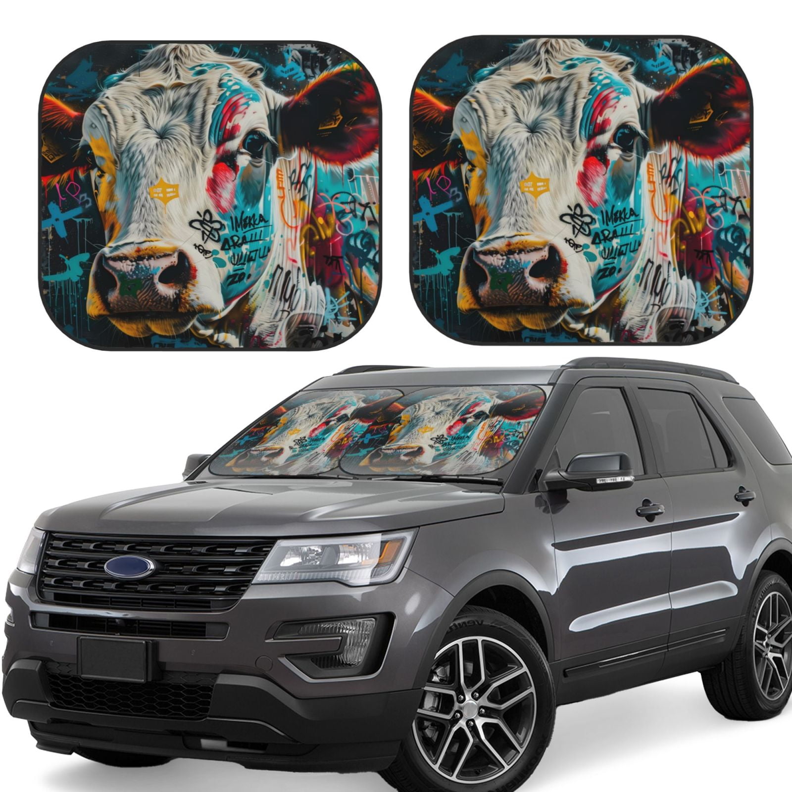 Honeii Colorful Graffiti Cow Print Foldable Car Sun Shade for ...