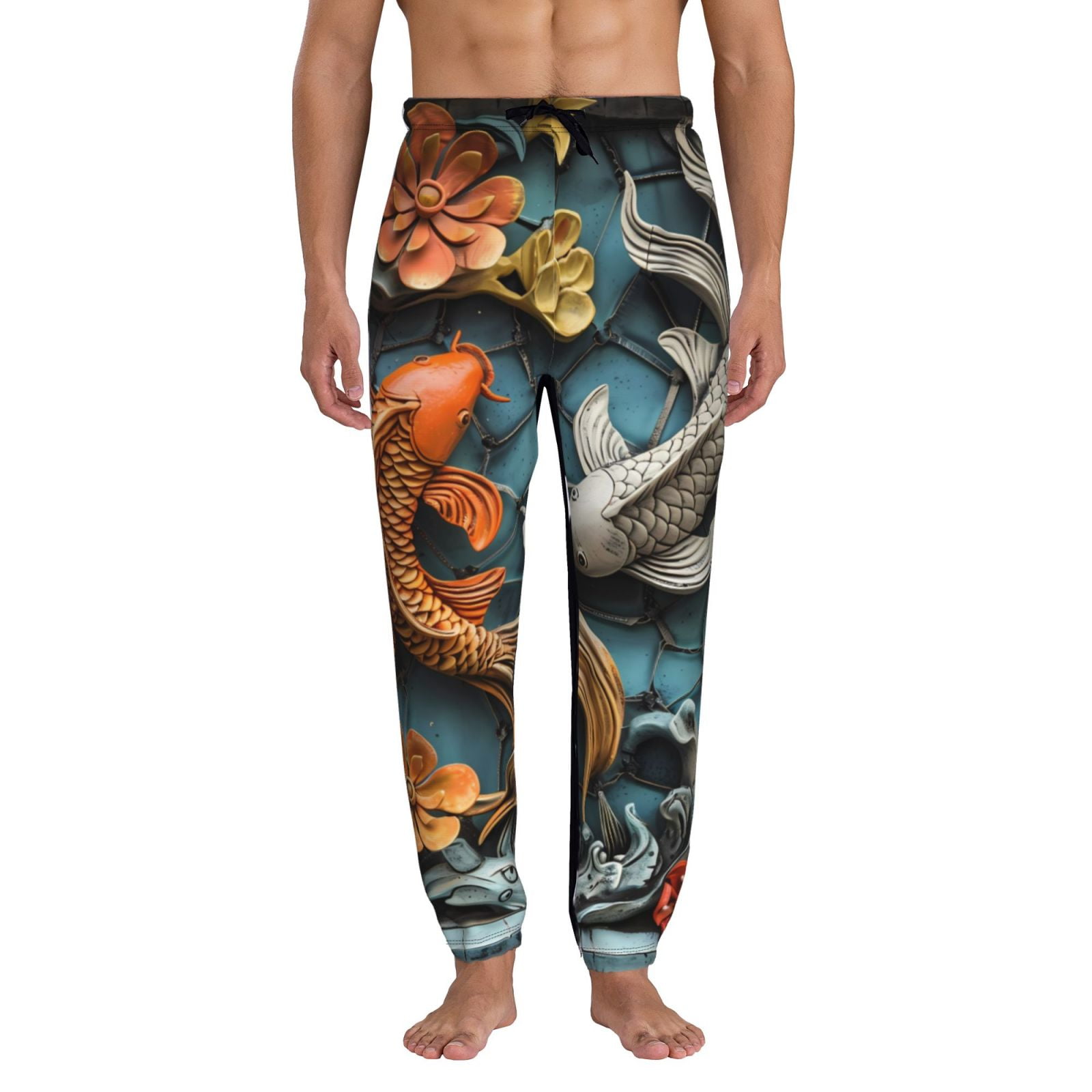 Honeii Colorful Koi Fish Art Print Mens Jogger Sweatpants, Men's Lounge Pants with Pockets-Large ...
