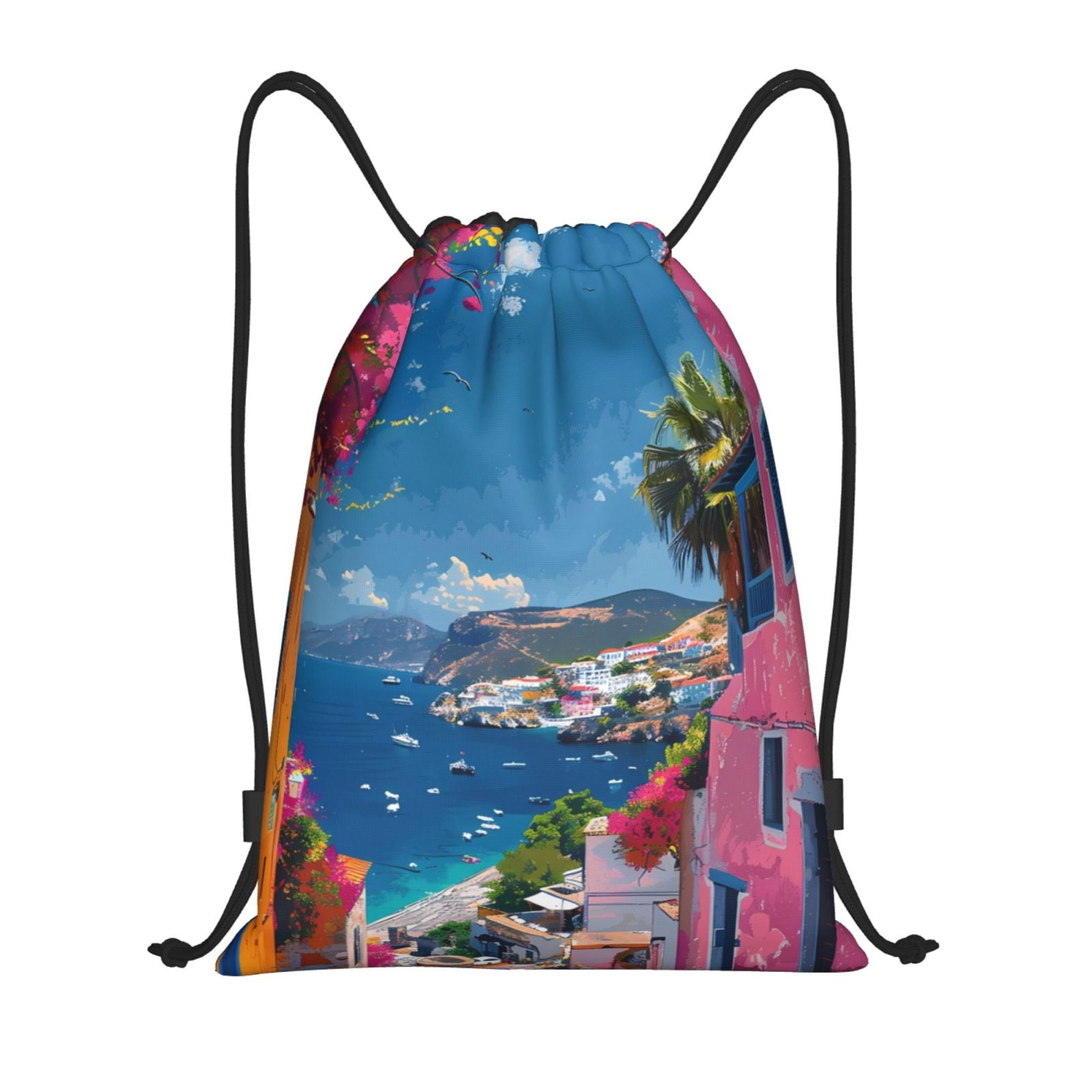 Honeii Colorful Mediterranean Village Print Drawstring Backpack ...